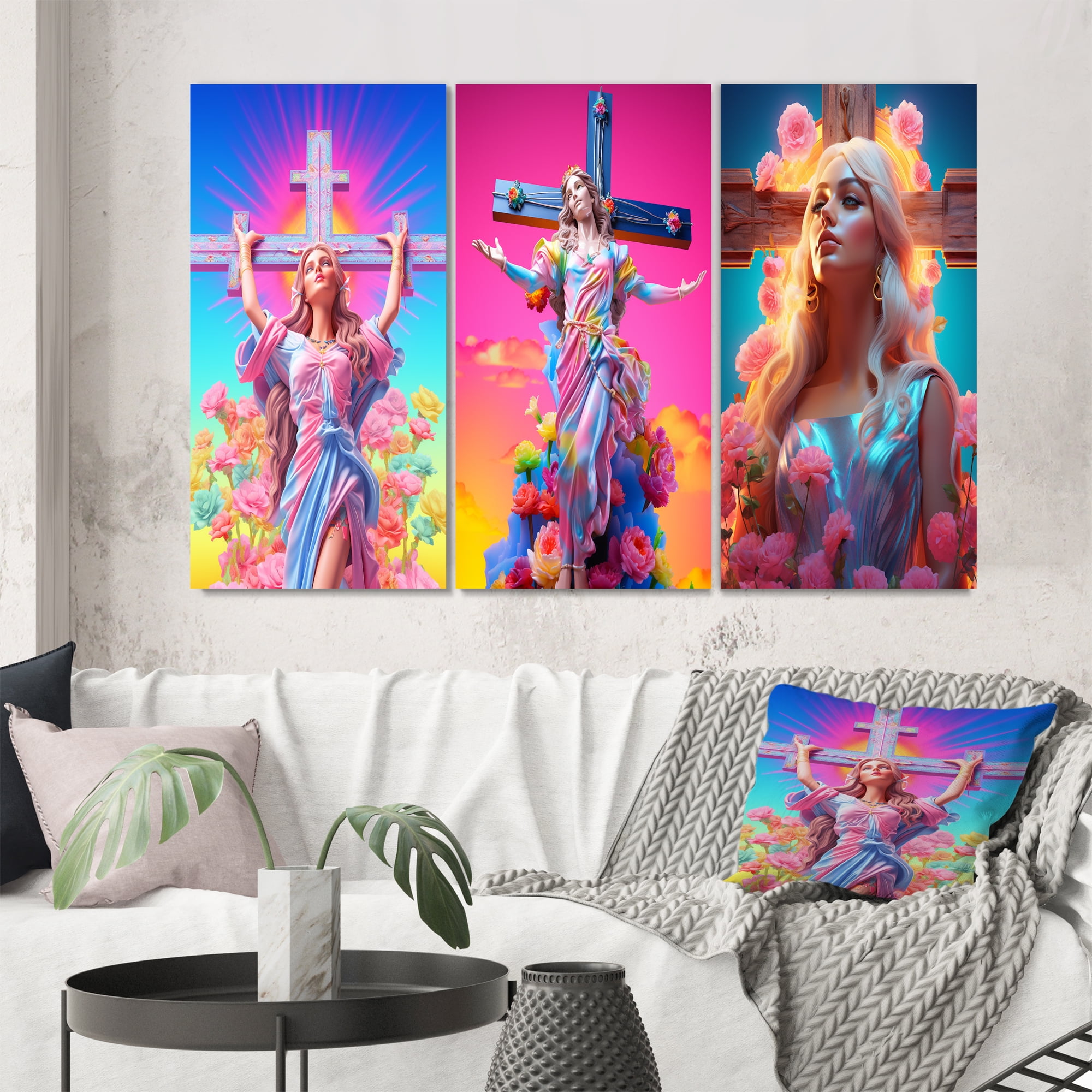 Designart "The Cross & Barbie Jesus VII" Christianism Wall Art Set Of 3 ...