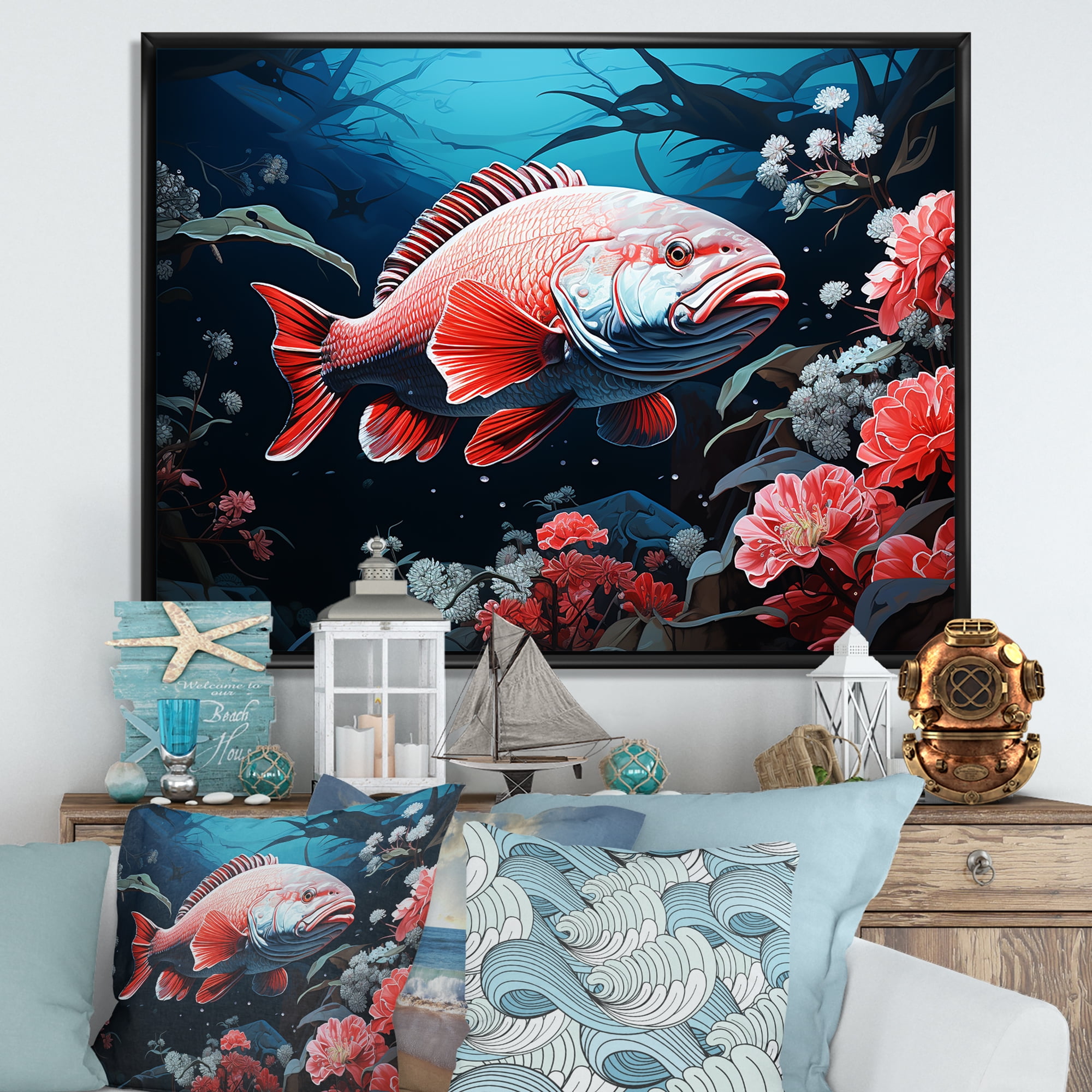 Designart "The Dance Of Red Fish In Monochrome" Coastal Coral Under ...