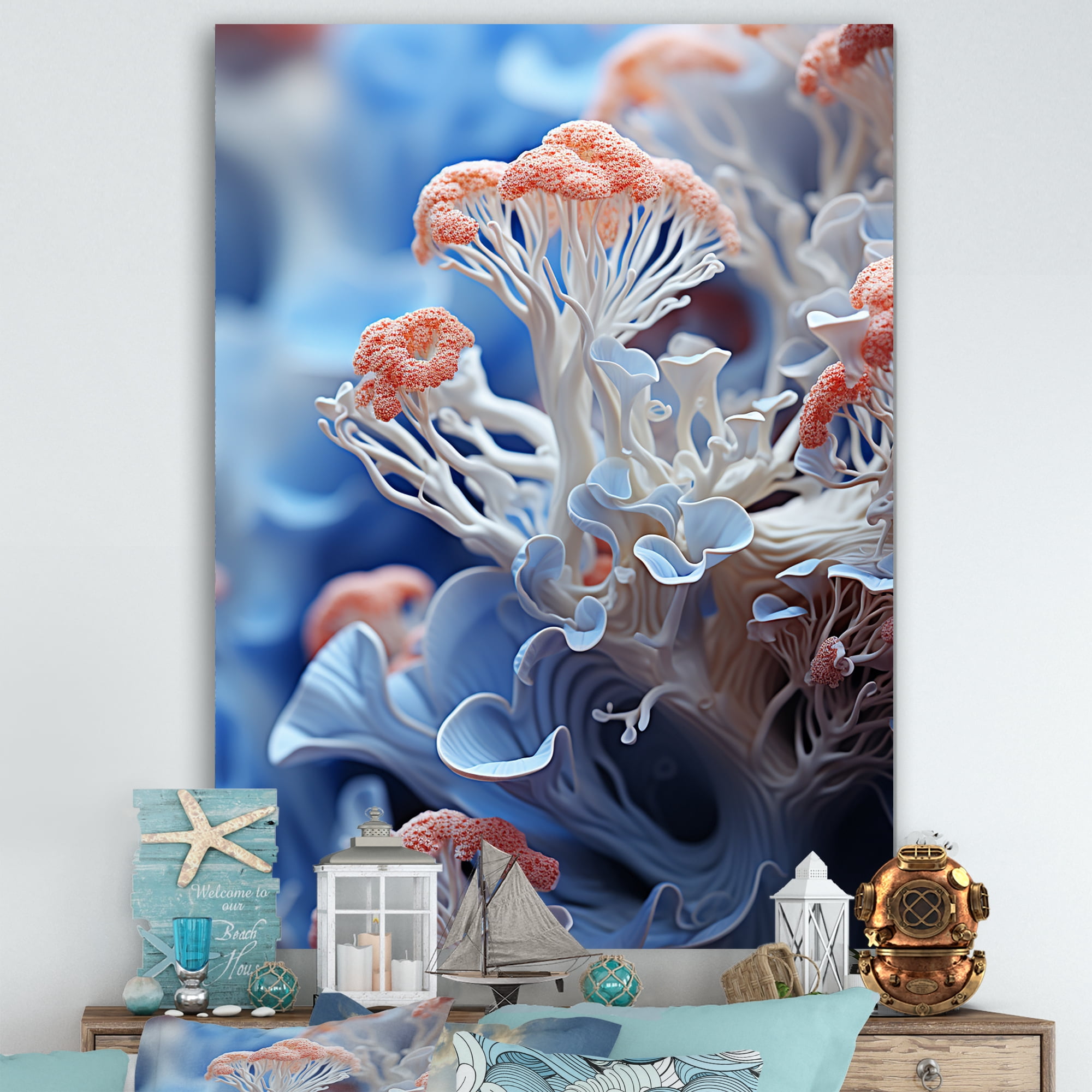 Designart "The Dance Of White Coral And Anemones I" Coastal Coral Under ...