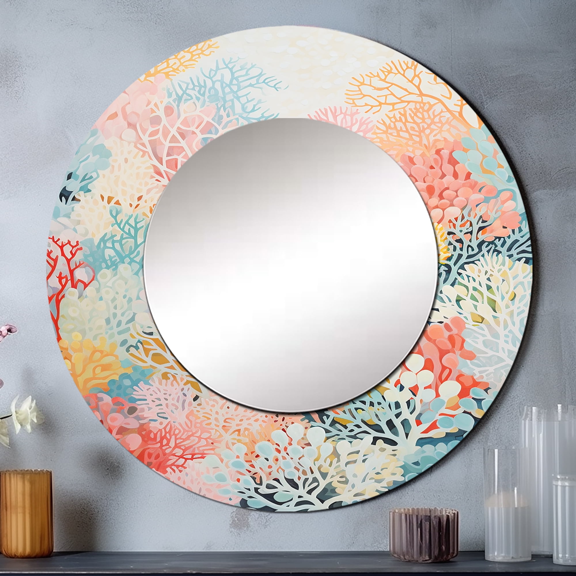 Designart "The Expressive Barrier Of The Coral Reef" Coral Rund Mirror ...