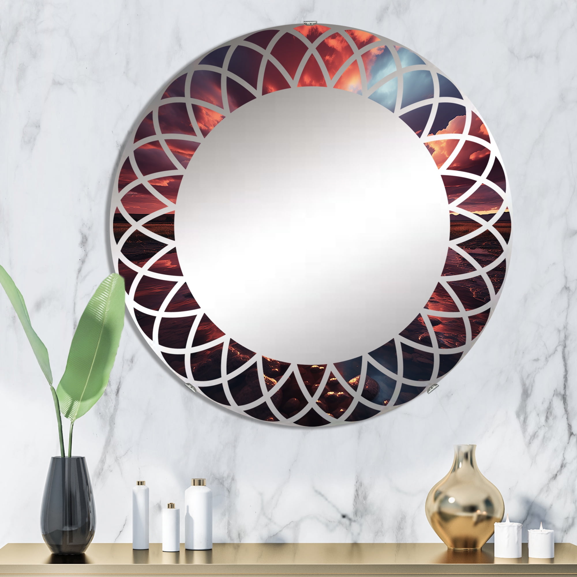 Designart "The Fiery Spectacle of Sunset" Landscapes Round Wall Mirror ...