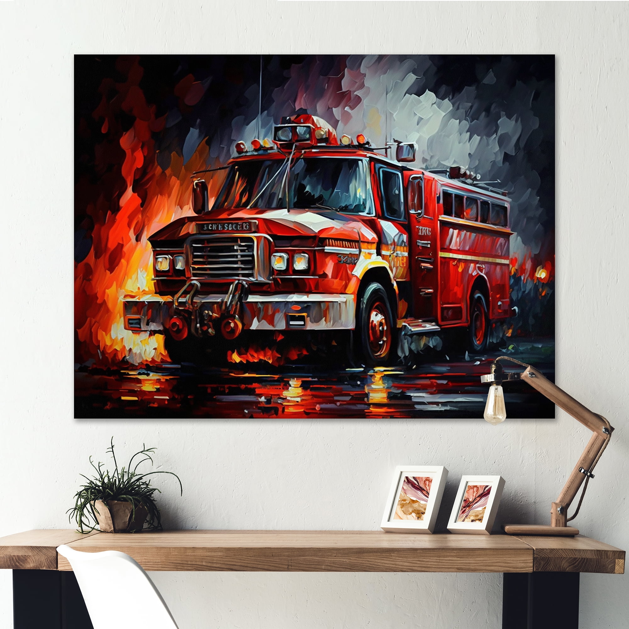 Designart "The Fire Truck'S Fiery Pursuit II" Transportation Fire Truck ...