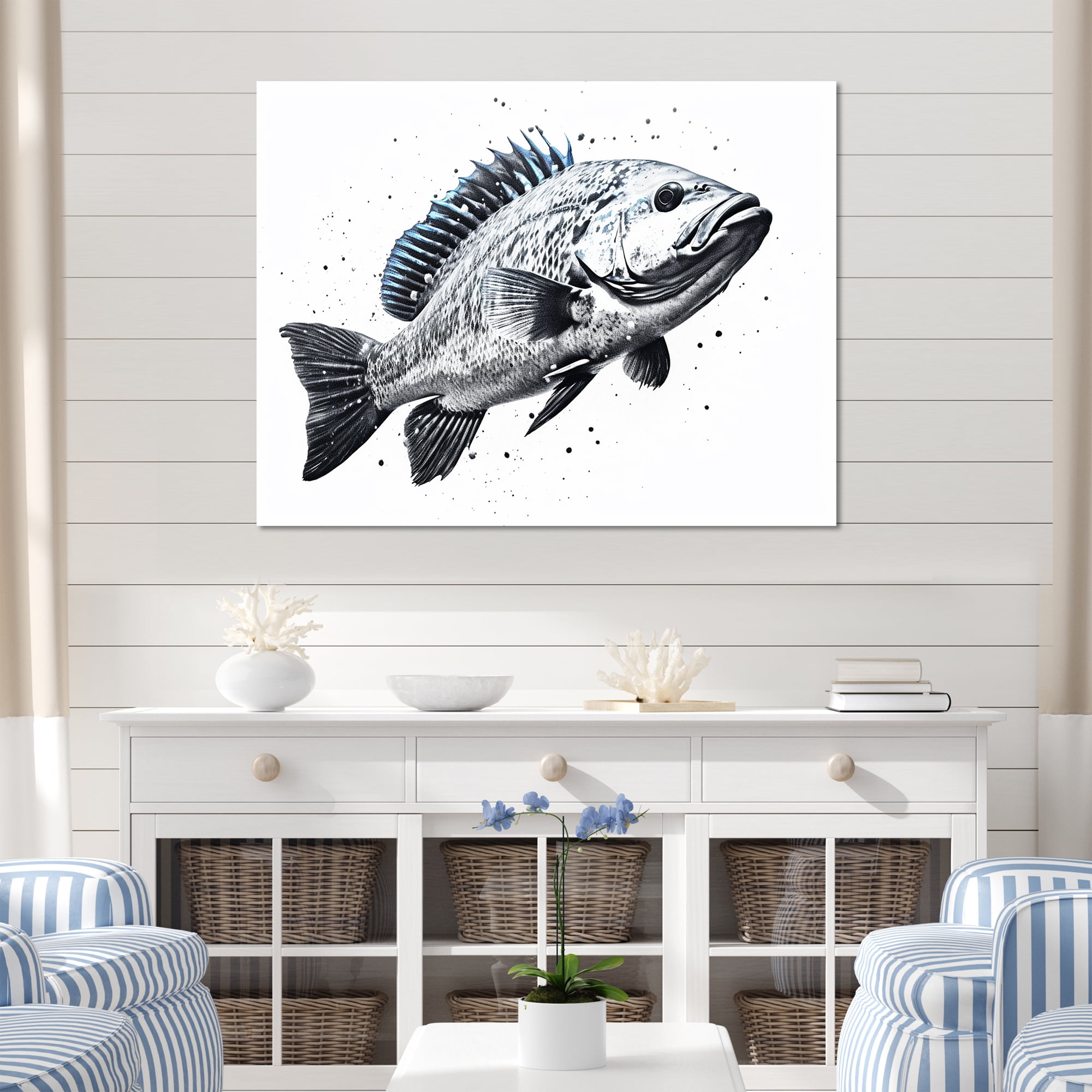 Designart "The Monochrome Crawl Of Black And White Fish I" Coastal ...