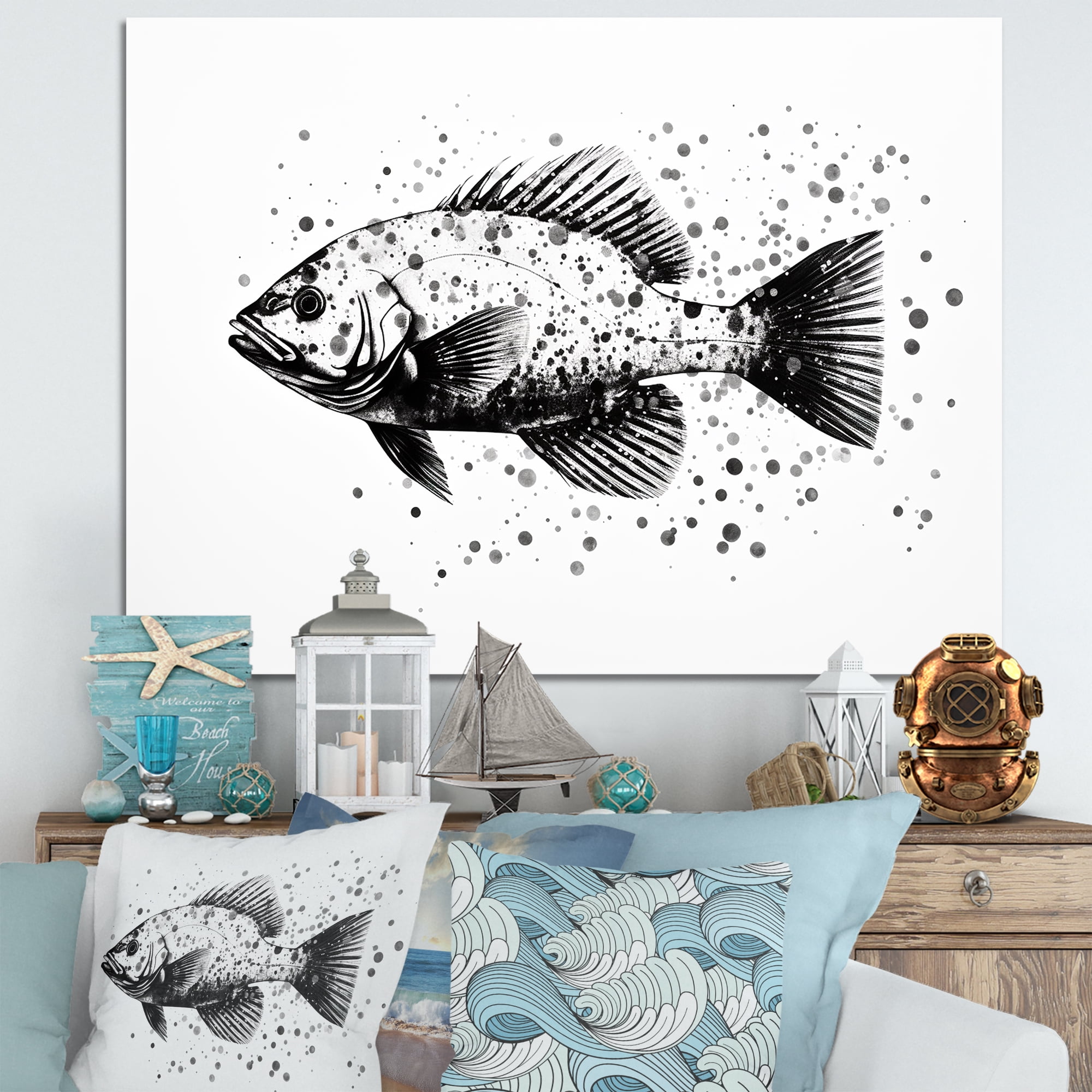 Designart "The Monochrome Crawl Of Black And White Fish II" Coastal ...