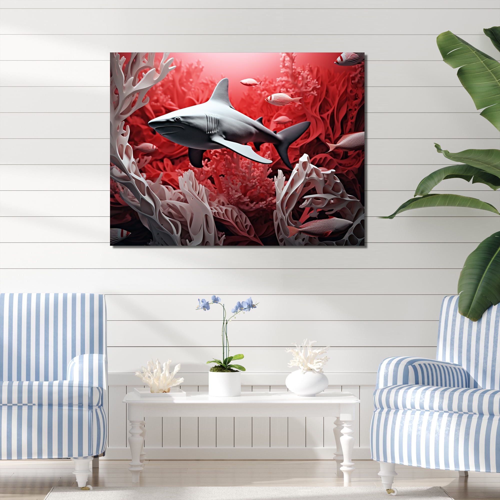 Designart "The Monochrome Crawl Of Red And Grey Sharks" Coastal Coral ...