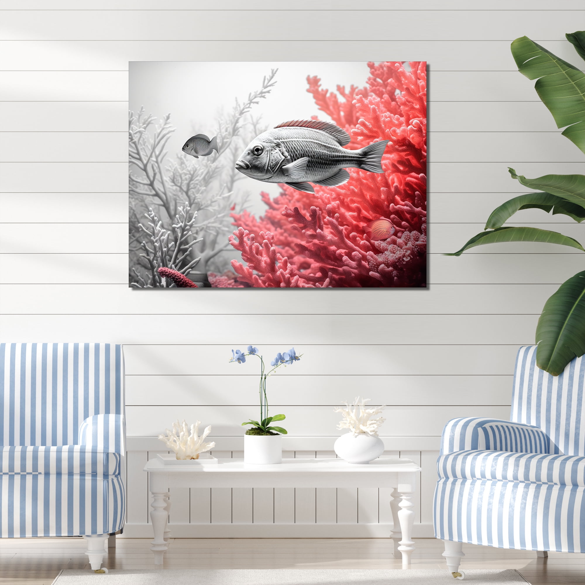 Designart "The Monochrome Paddle Of Pink And White Fish" Coastal Coral ...