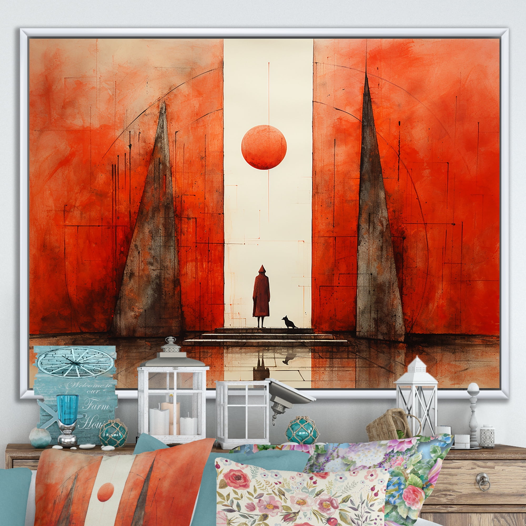 Designart "The Offering Coral and Grey Mexican Art" Mexican Floater ...