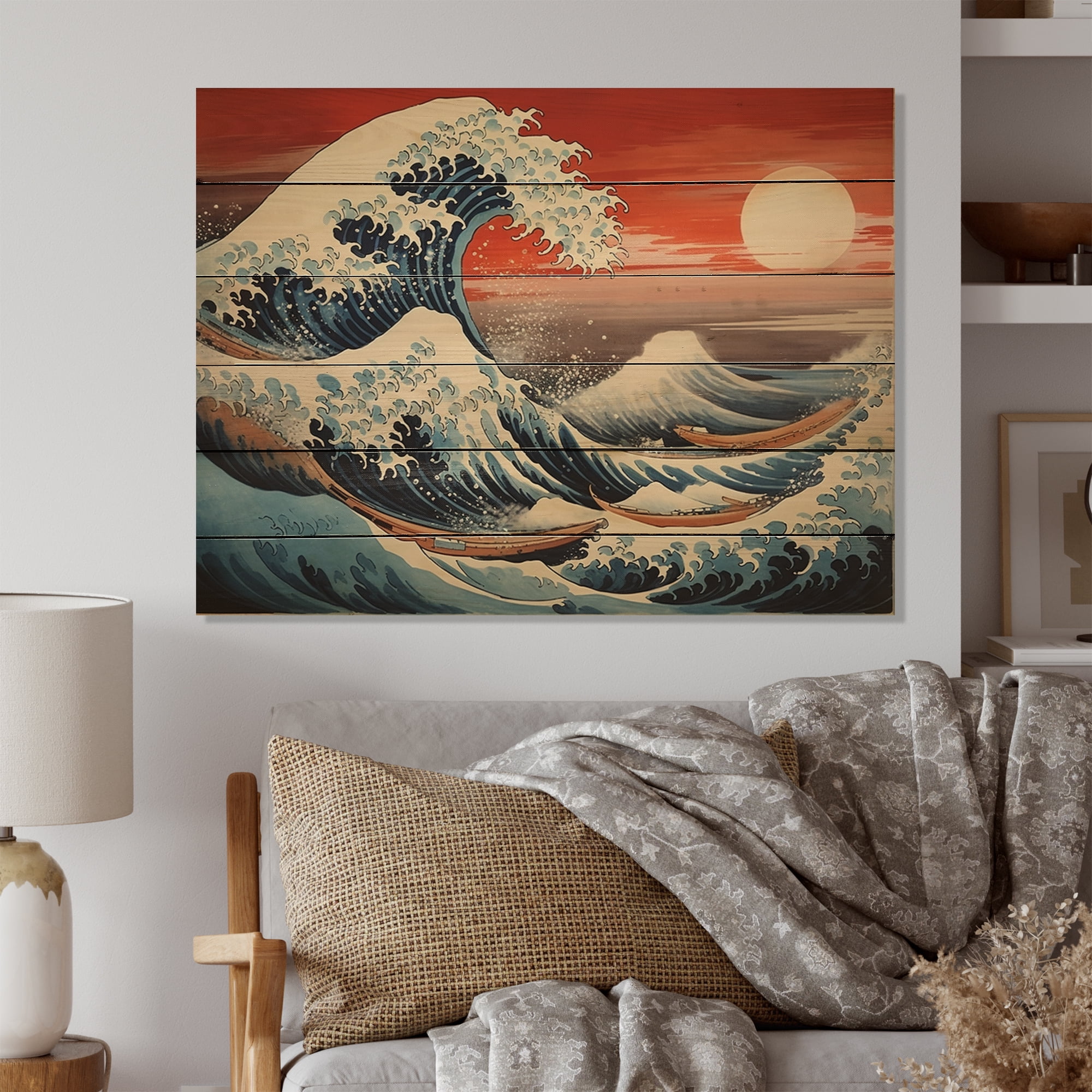 Designart "The Red Great Wave A Masterpiece from Kanagawa V" Nautical & Beach Print on Natural ...