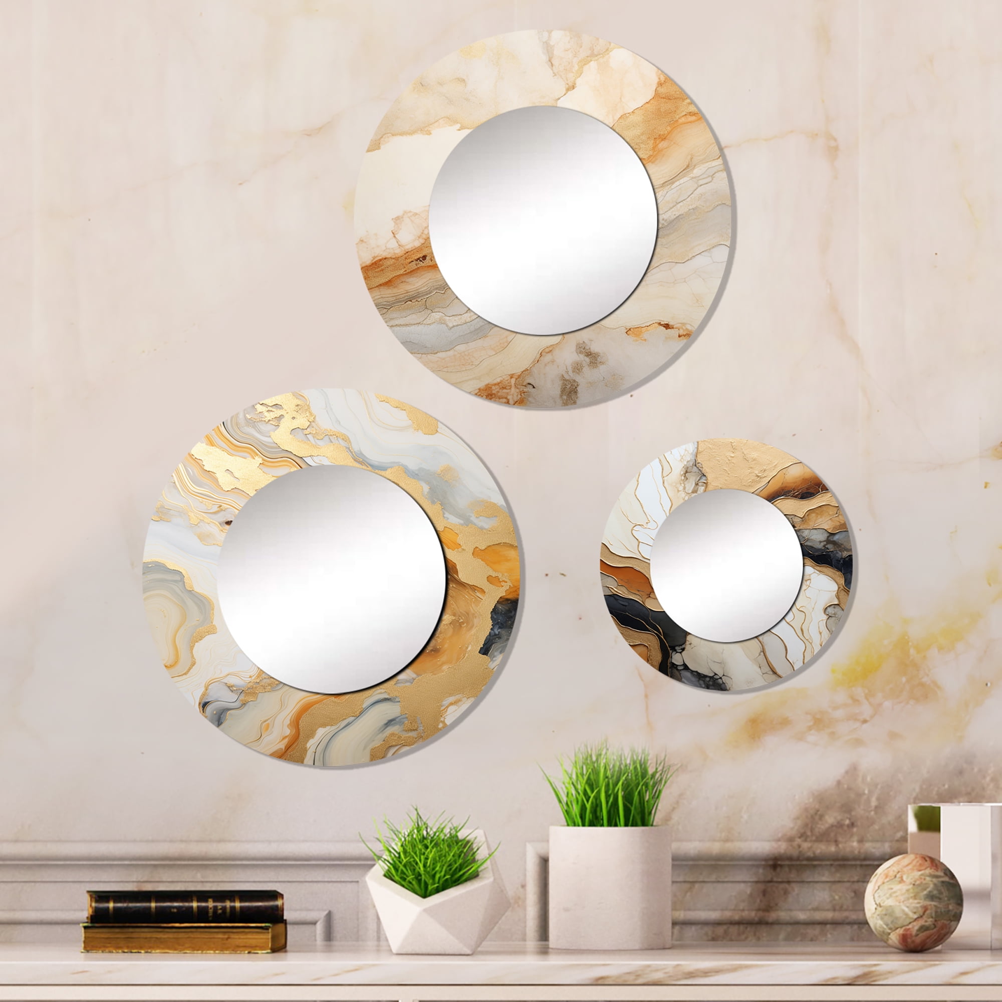 Designart "The River Of Golden And White Marble" Abstract Marble Round ...