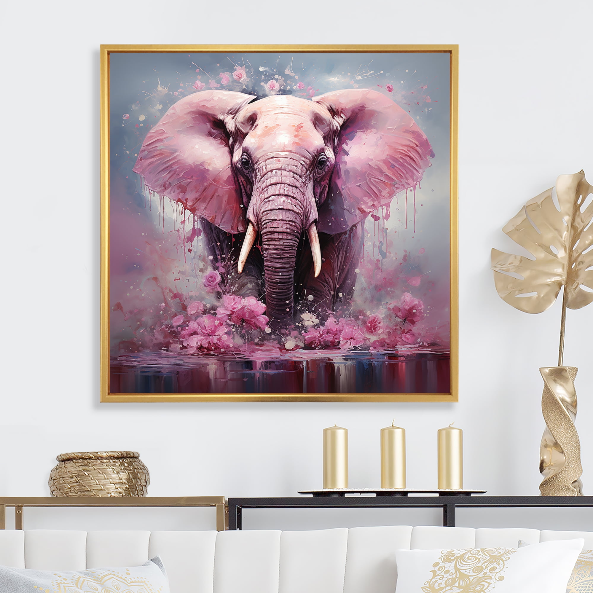 Designart "The Romantic Pink Elephant" Animals Elephant Floater Framed ...
