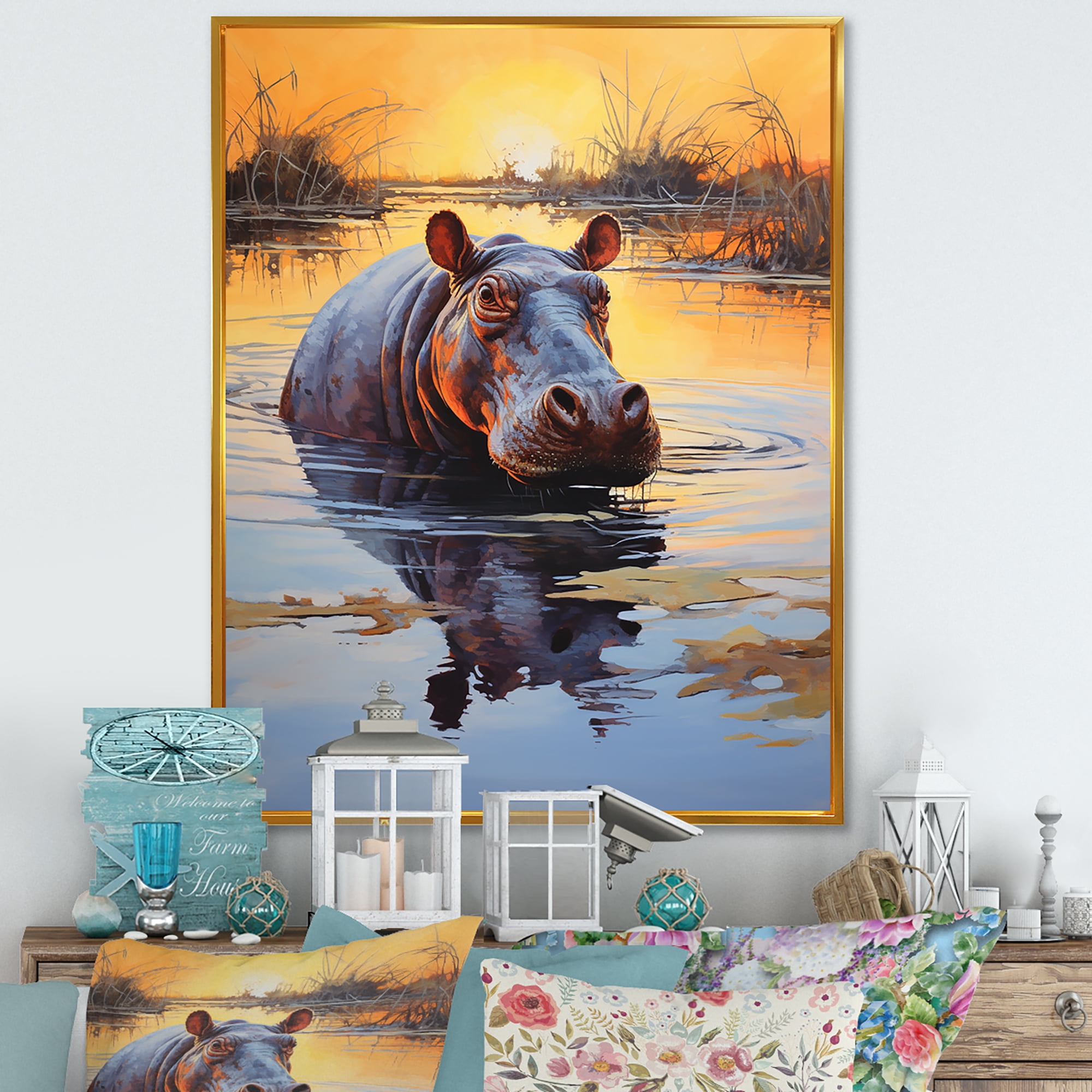 Designart "The Savanna King Hippo I" Animals Framed Wall Art - Modern ...