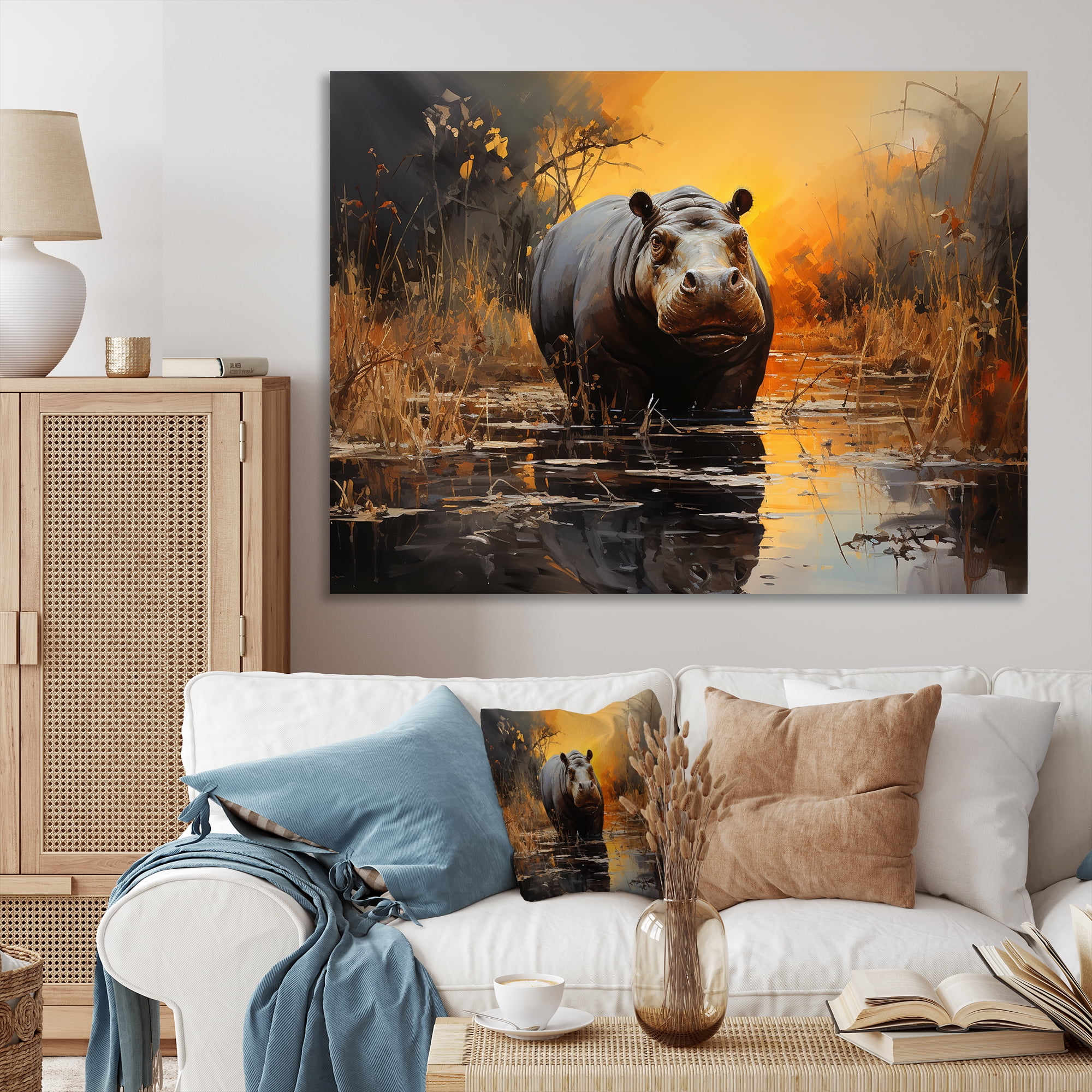 Designart "The Savanna King Hippo III" Animals Wall Art - Modern Black ...