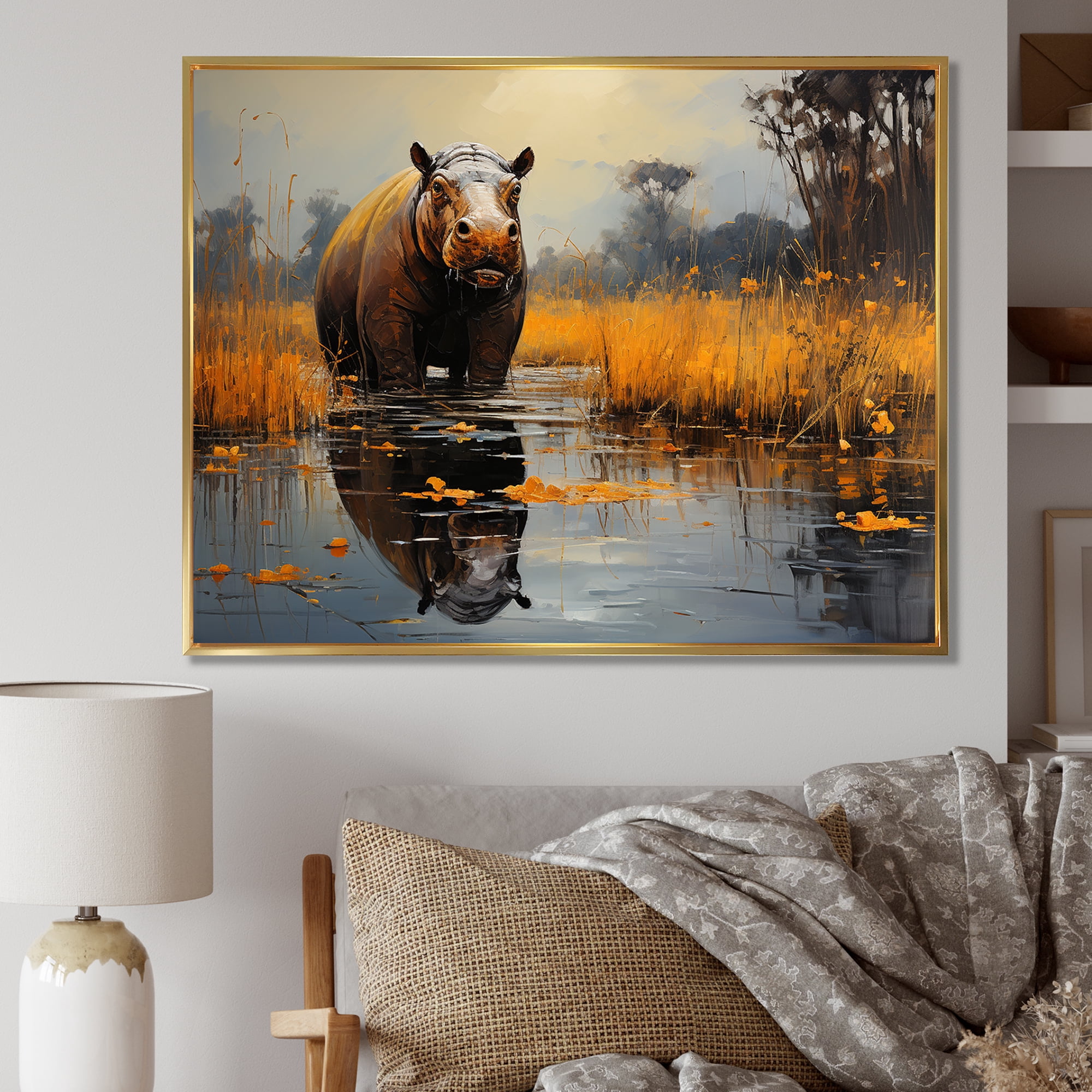 Designart "The Savanna King Hippo IV" Animals Framed Wall Art - Modern ...