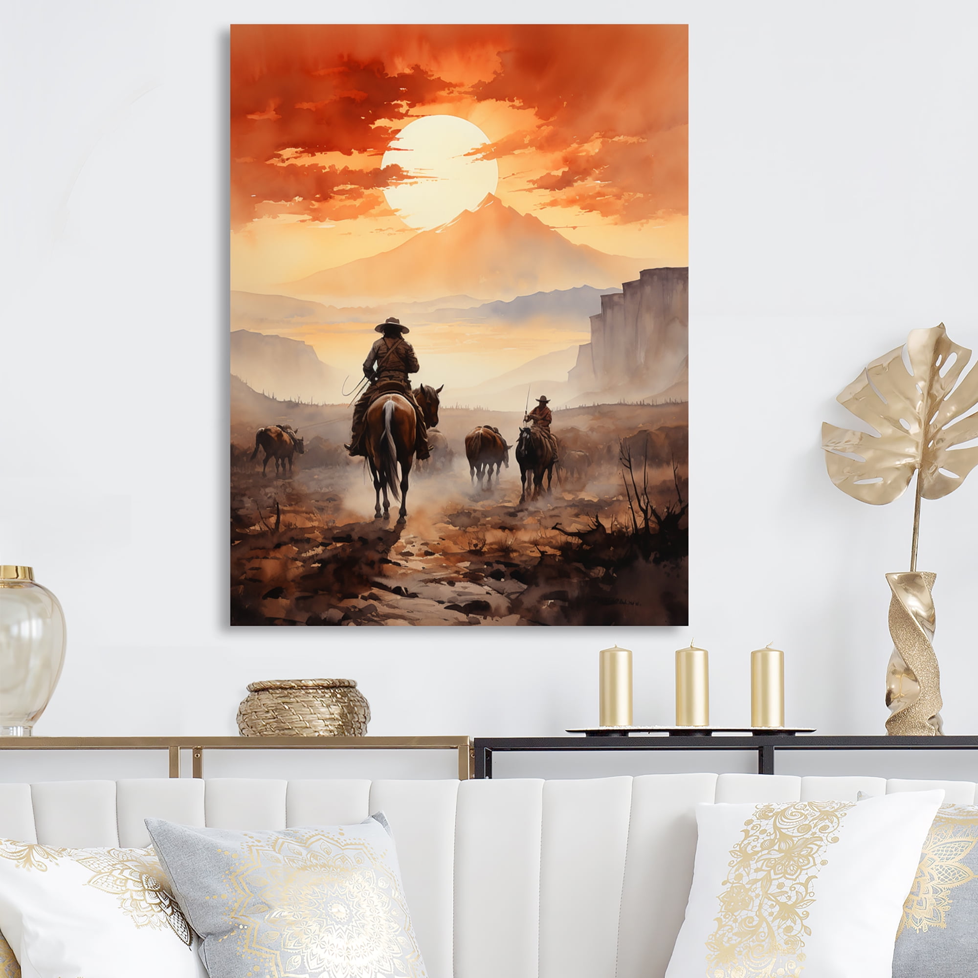 Designart "The Sunset Cowboy Chasing art painting I" Animals Metal Art ...