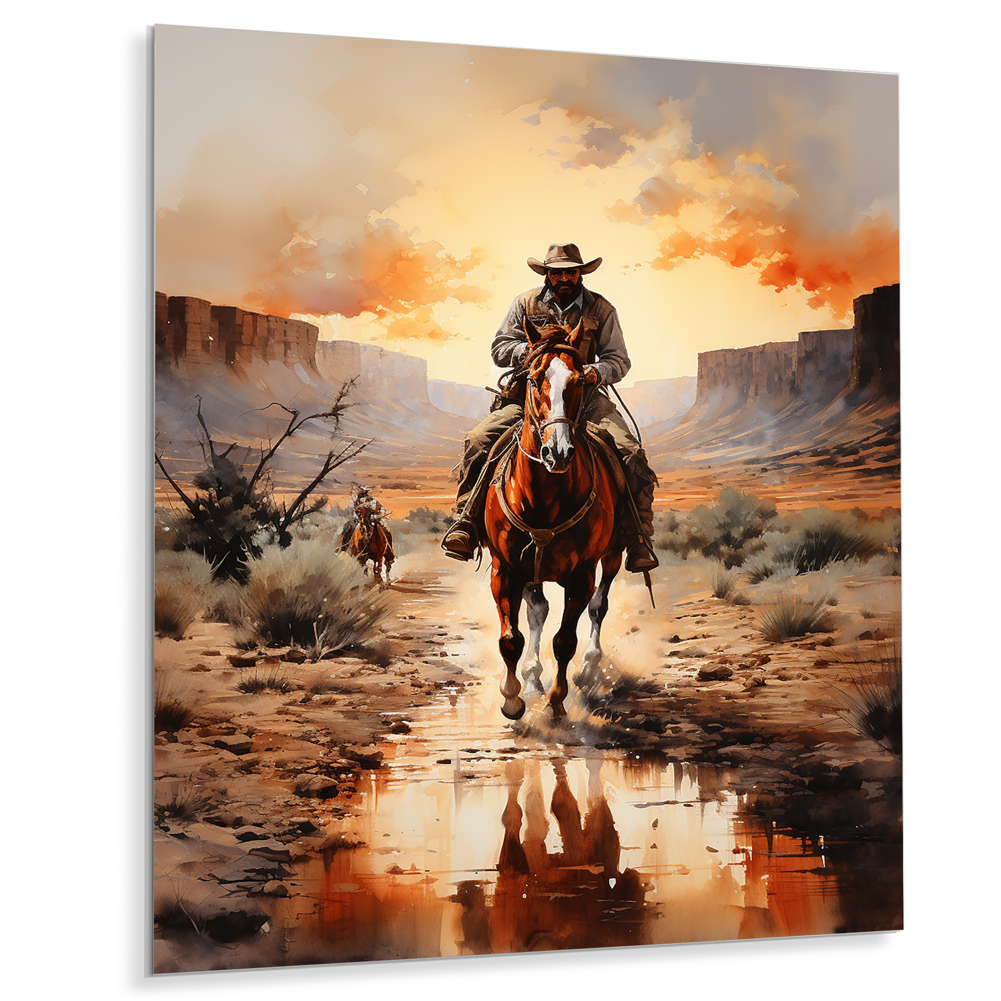 Designart "The Sunset Cowboy Chasing art painting II" Cowboys Metal ...
