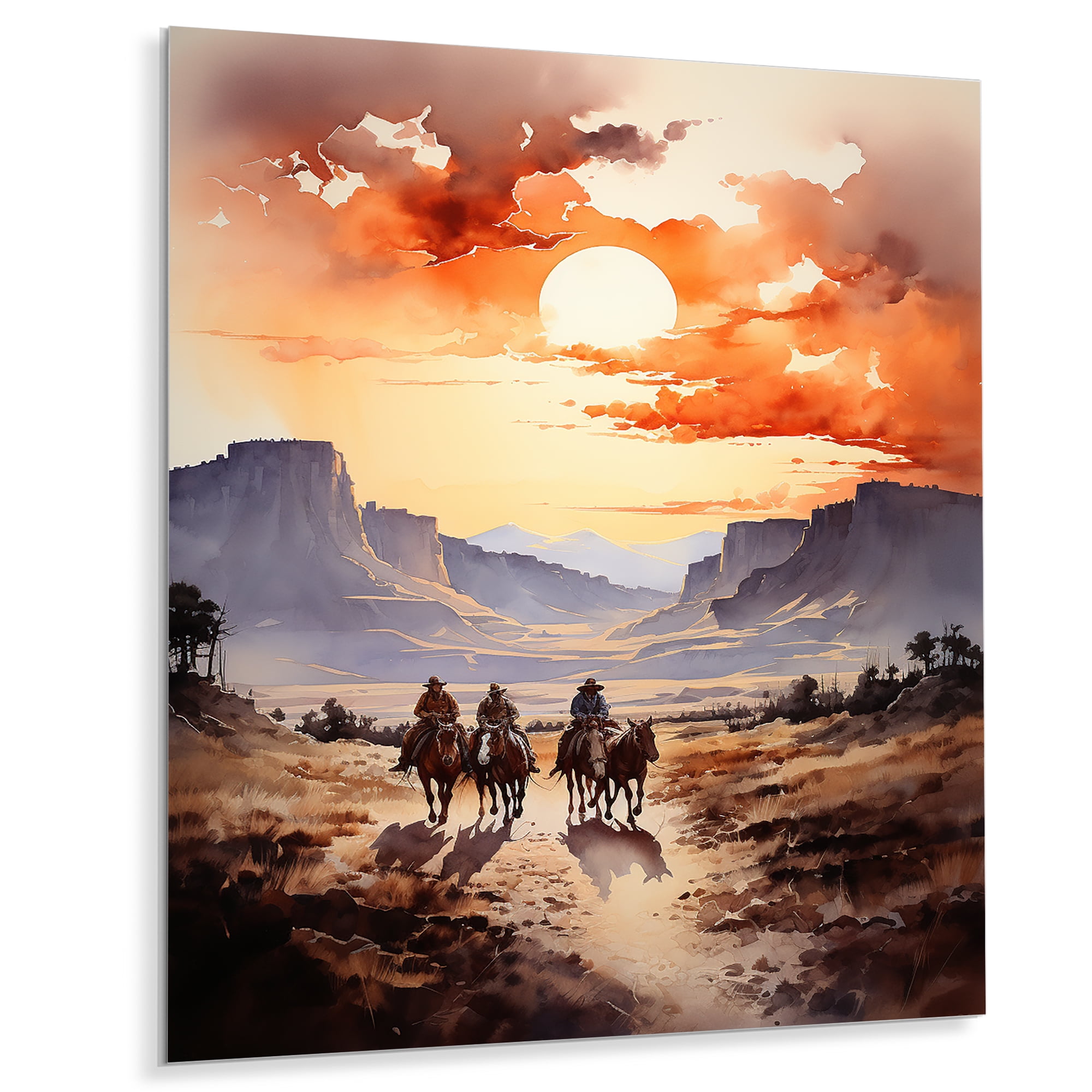 Designart "The Sunset Cowboy Chasing art painting III" Cowboys Metal ...