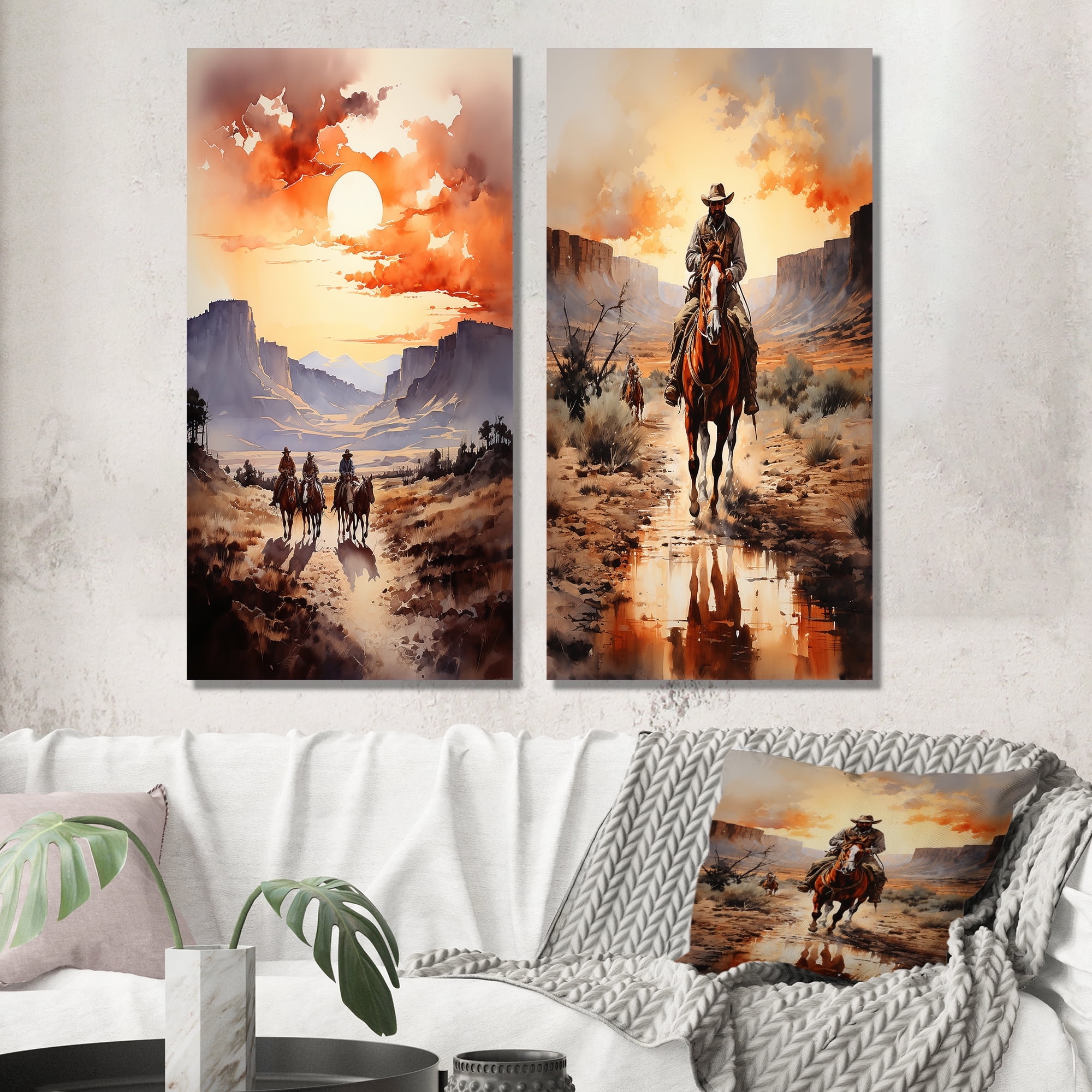 Designart "The Sunset Cowboy Chasing art painting III" Cowboys Wall Art ...