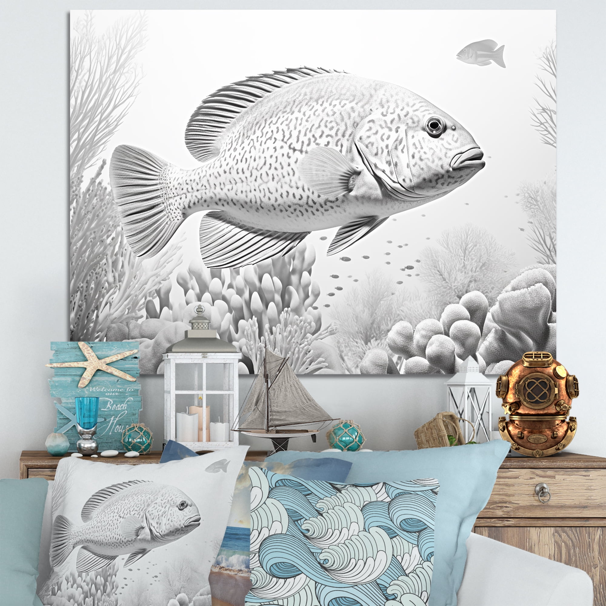 Designart "The World Of Grey And White Fish In Monochrome" Coastal ...