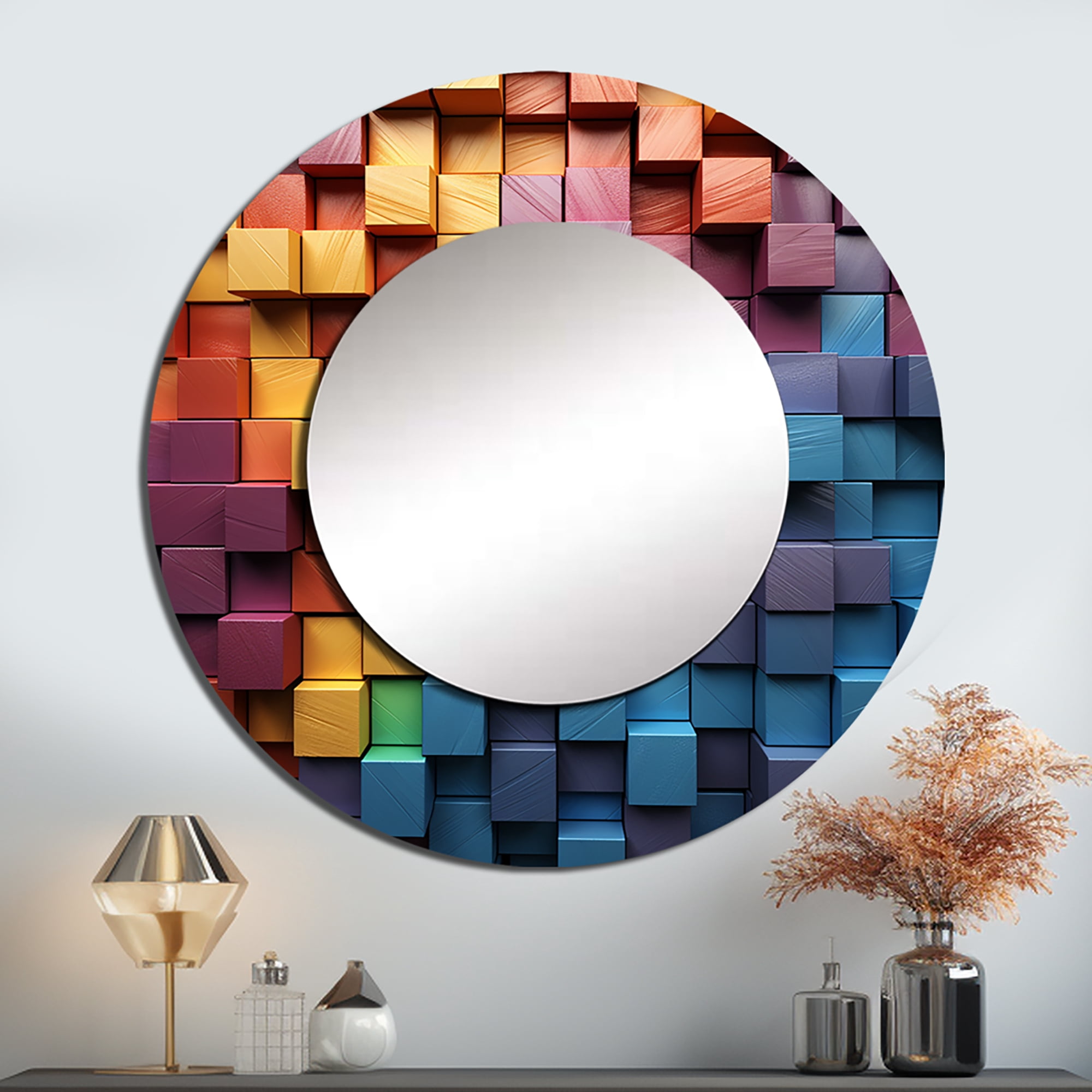 Designart "Timber Spectrum Mosaic" Abstract Shapes Rund Mirror For Wall ...