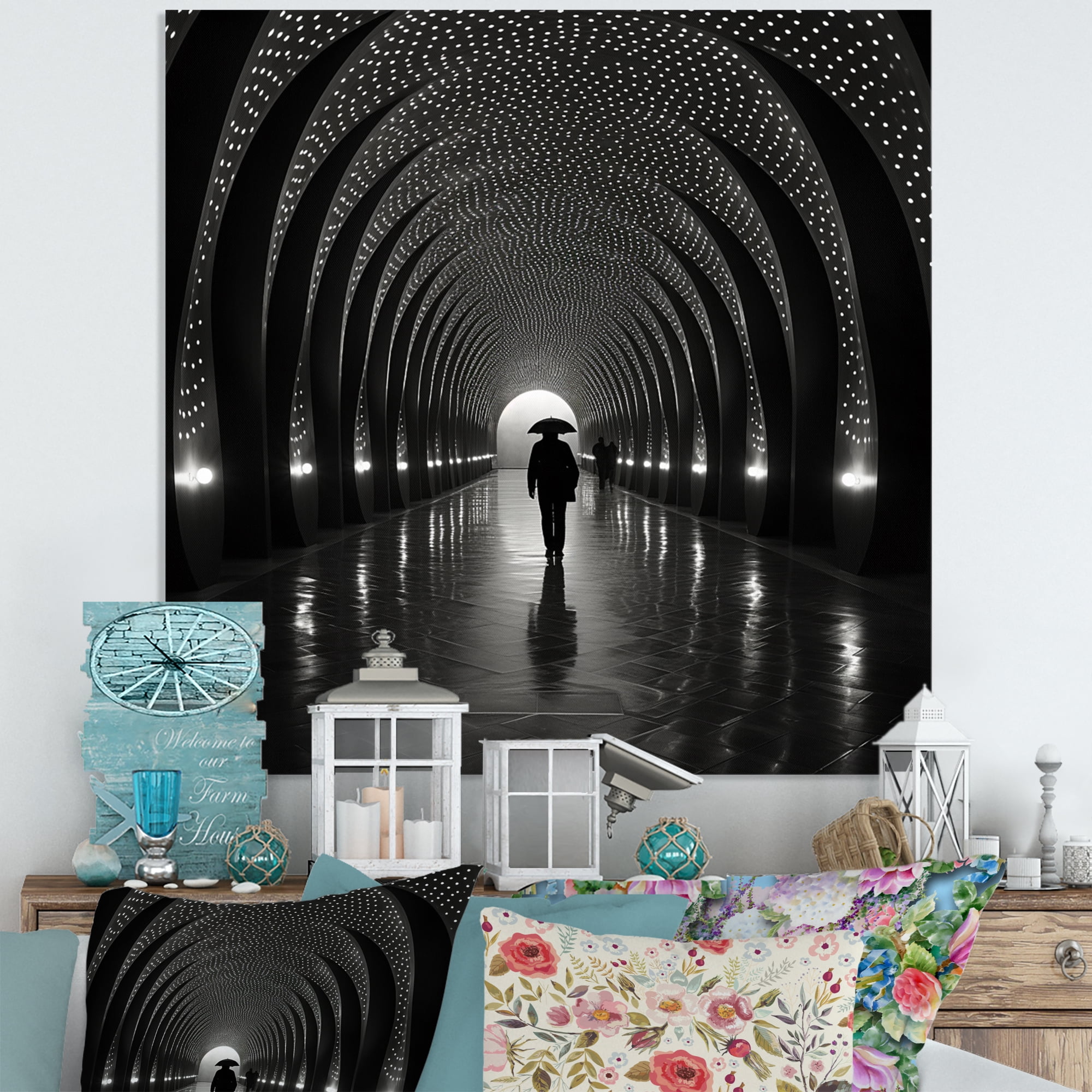 Designart "Timeless Passage in Black and Grey Tunnel Pointillism I ...