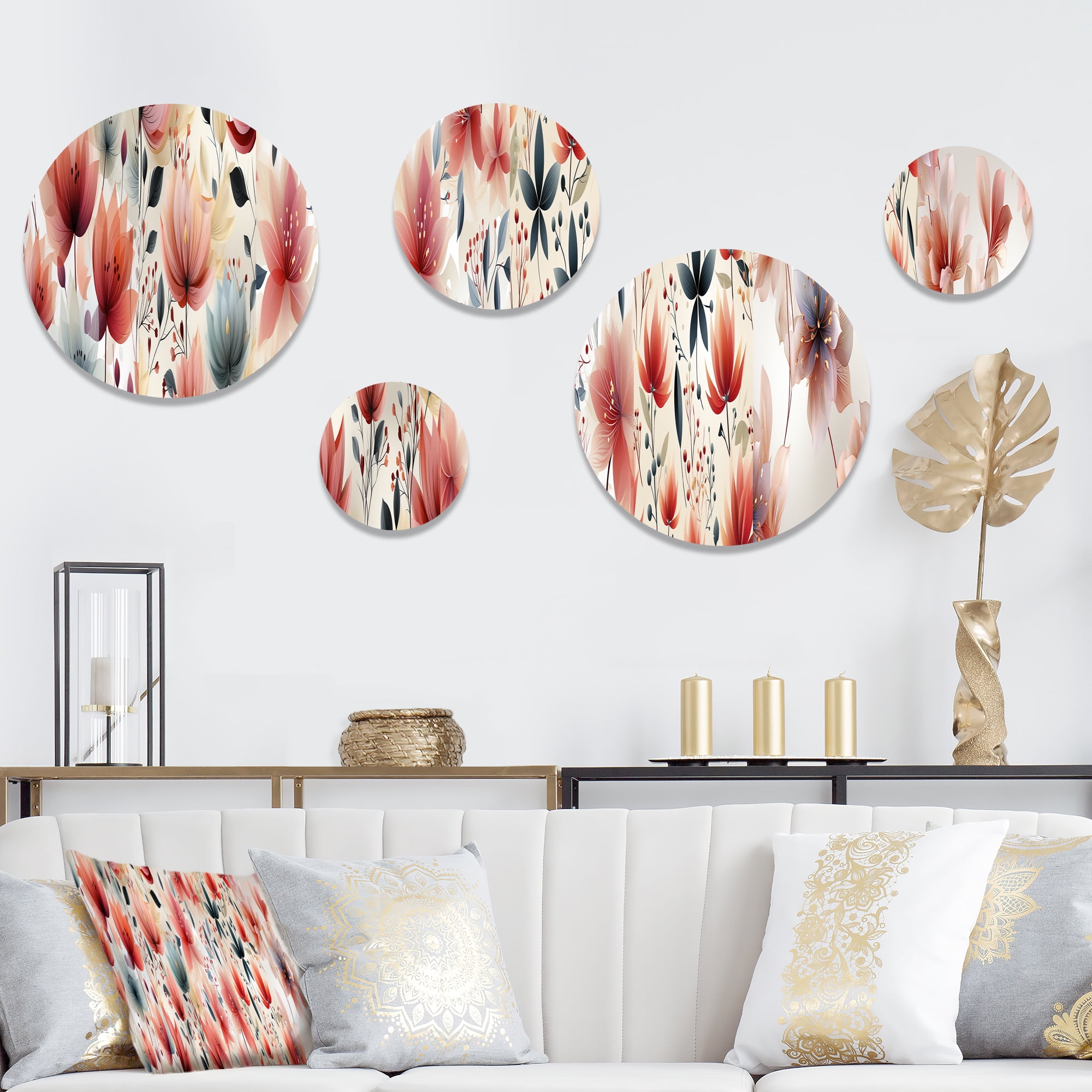 Designart "Timeless Red Floral Charm" Floral Round Wall Art Set Of 5 ...