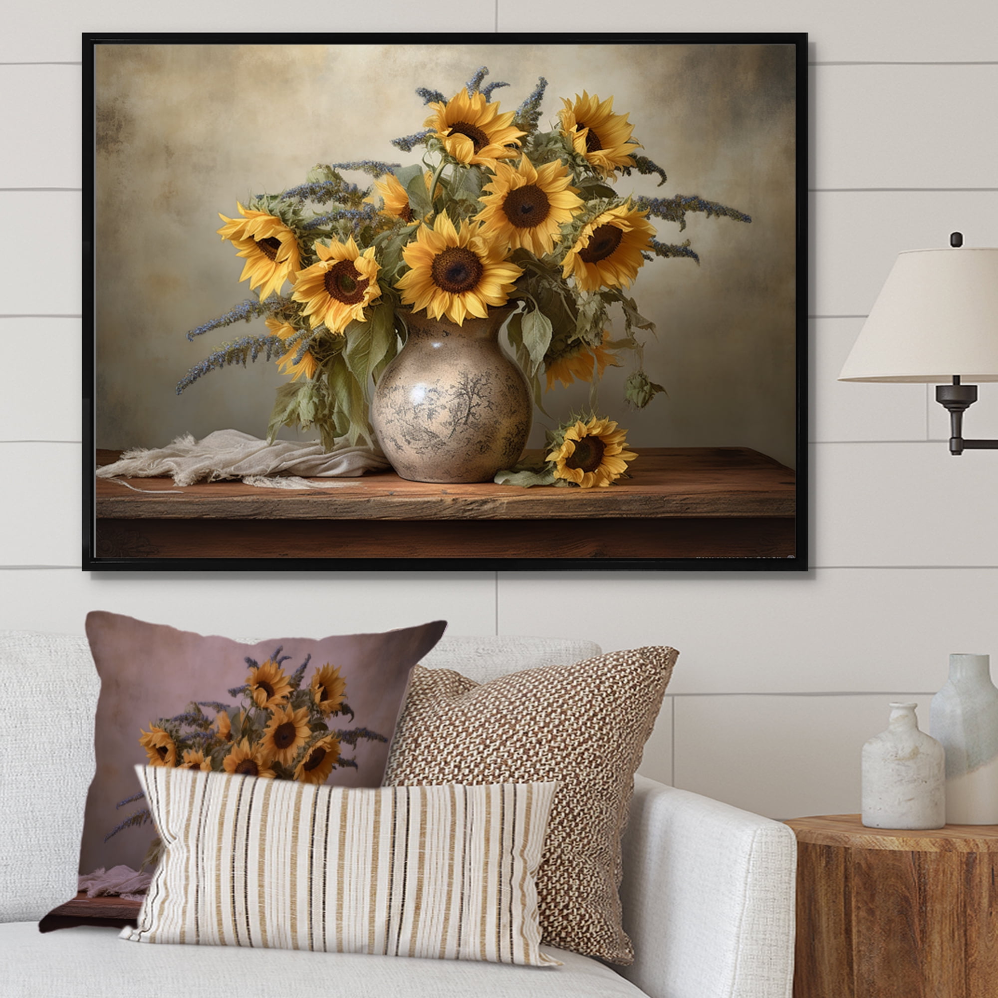 Designart "Timeless Sunflower Bouquet Art I" Sunflowers Floater Framed ...