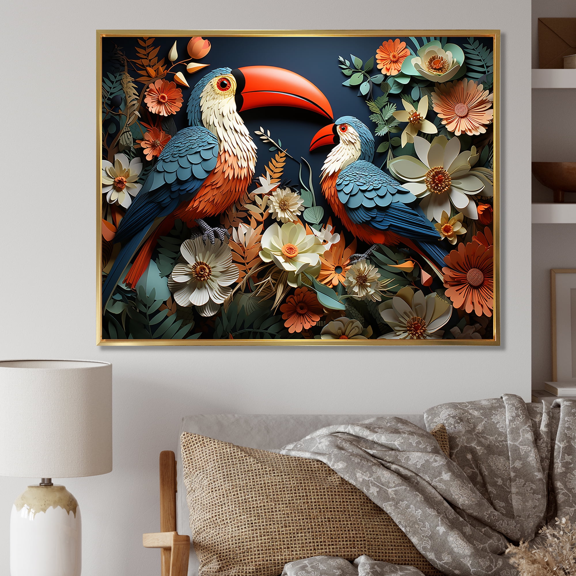Designart "Toucan Collage Blue and Pink Tropics II" Animals Framed Wall ...