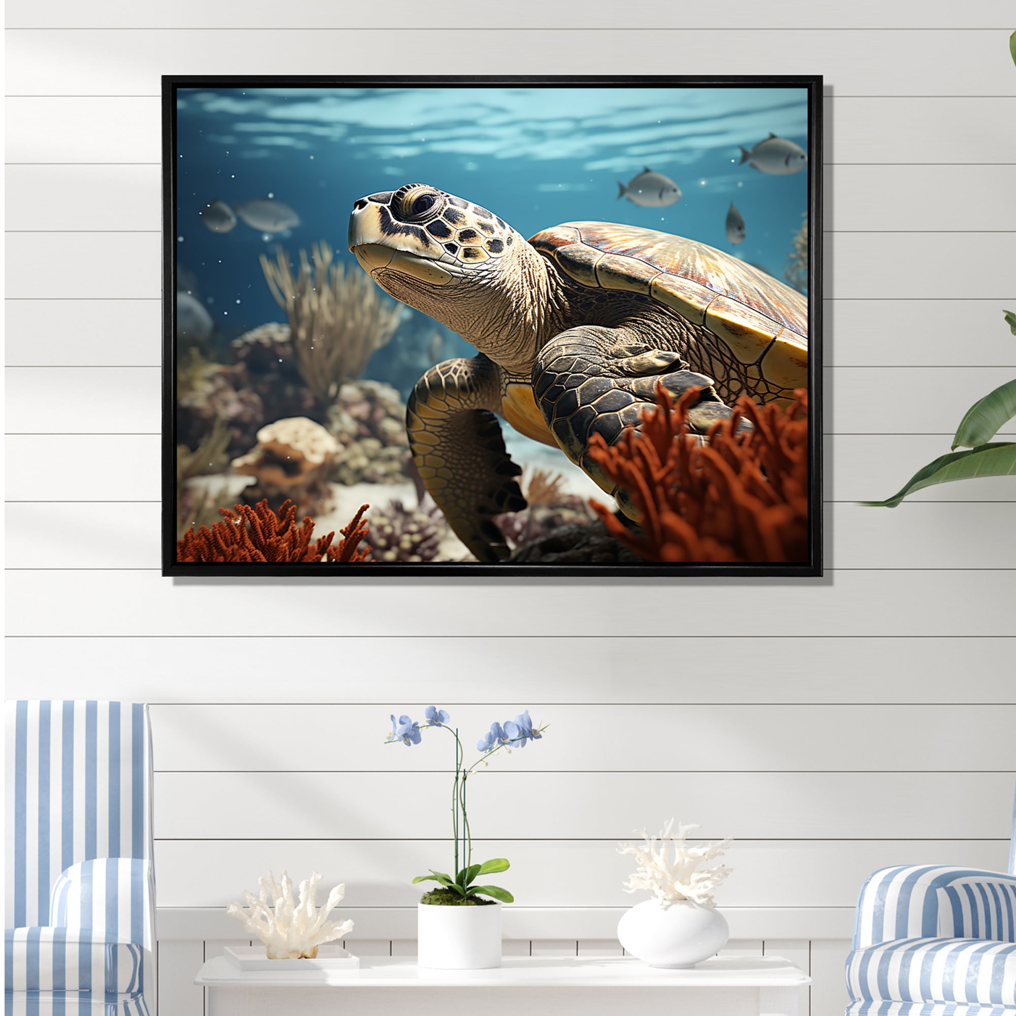 Designart "Traditional Seaside Turtle Scene" Animals Turtle Floater ...