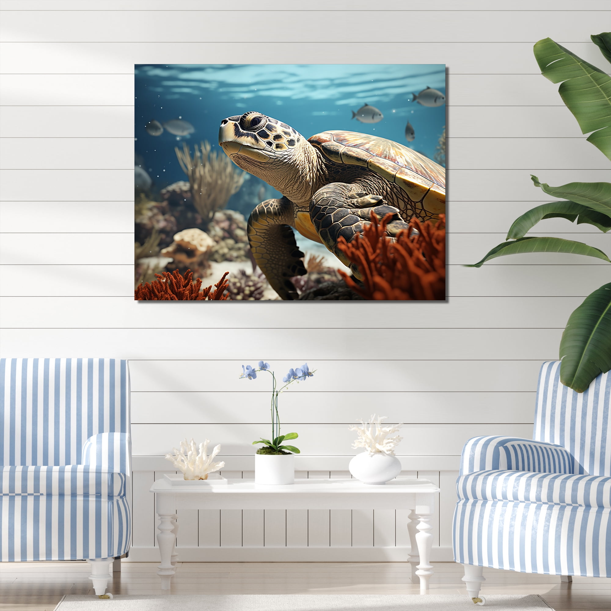 Designart "Traditional Seaside Turtle Scene" Animals Turtle Wall Art ...