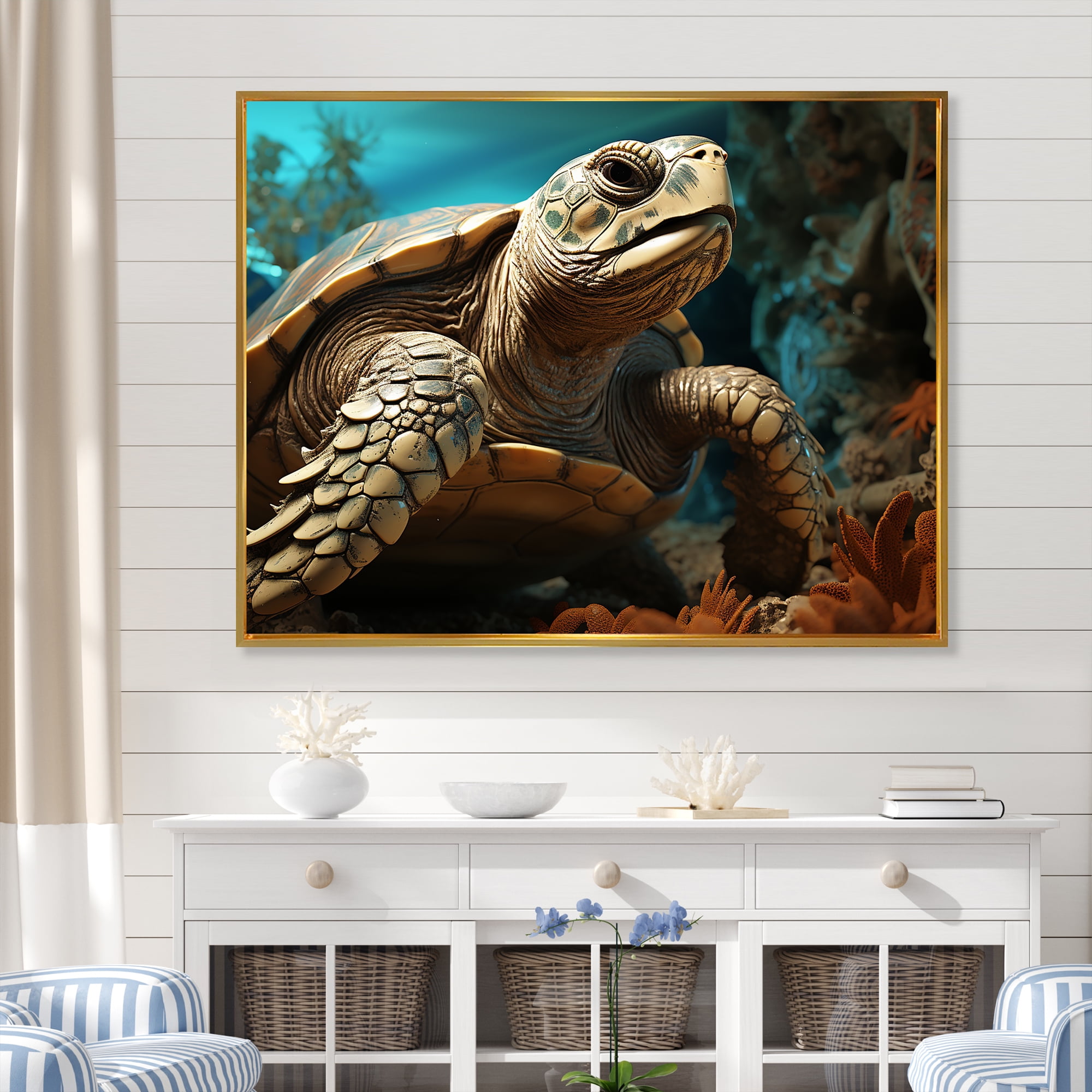 Designart "Traditional Seaside Turtle Scene I" Animals Turtle Floater ...