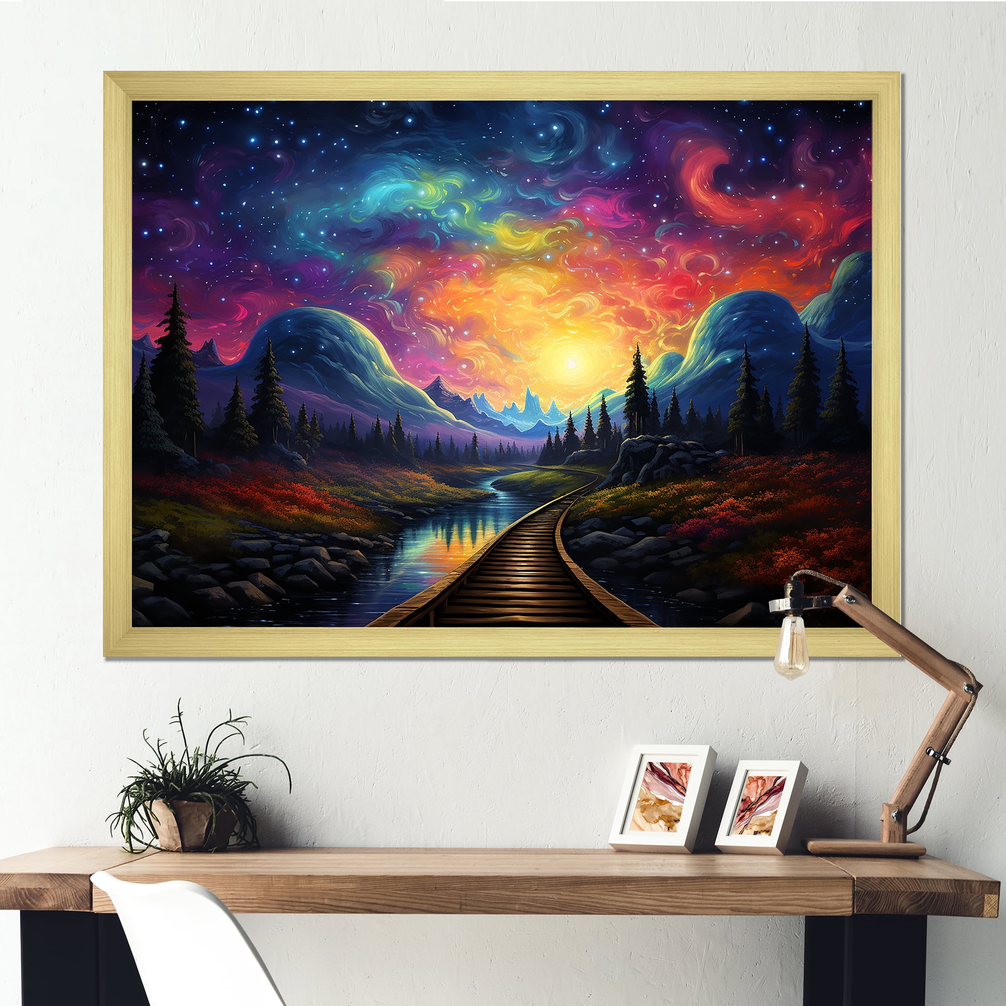 Designart "Train Tracks to the Sky on Starry Night I" Transportation ...