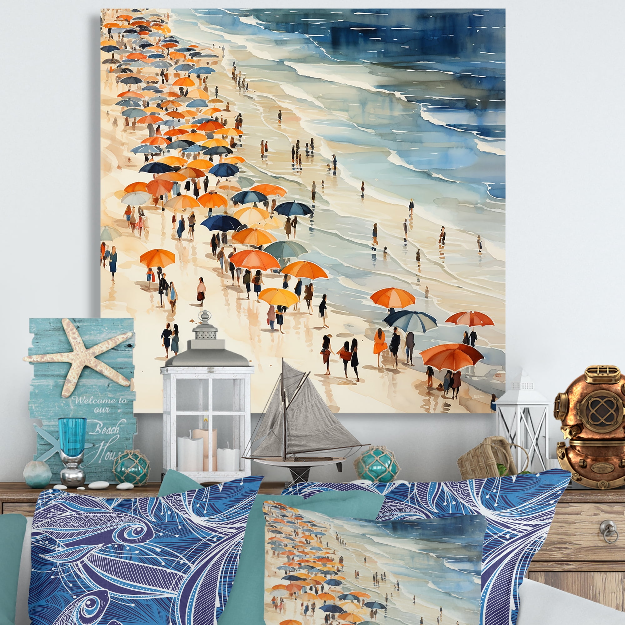 Designart "Tranquil Beach Day with Orange Umbrella III" Beach Wall Art ...