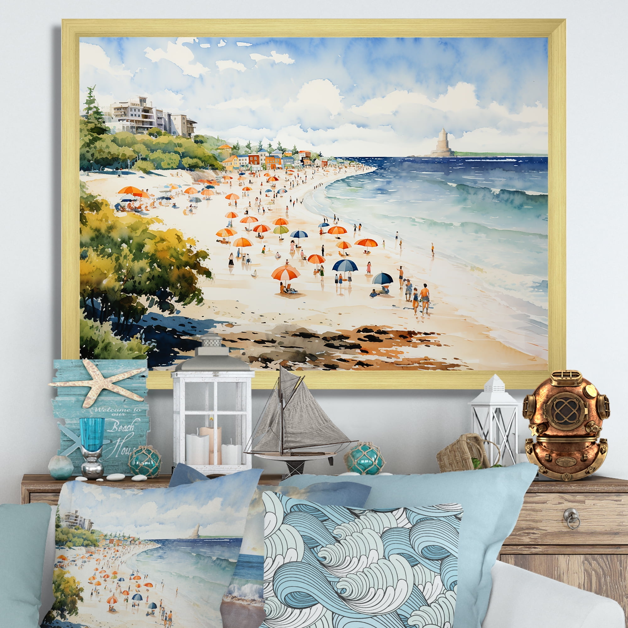 Designart "Tranquil Vintage Beach Day I" Beach Framed Wall Art Decor ...