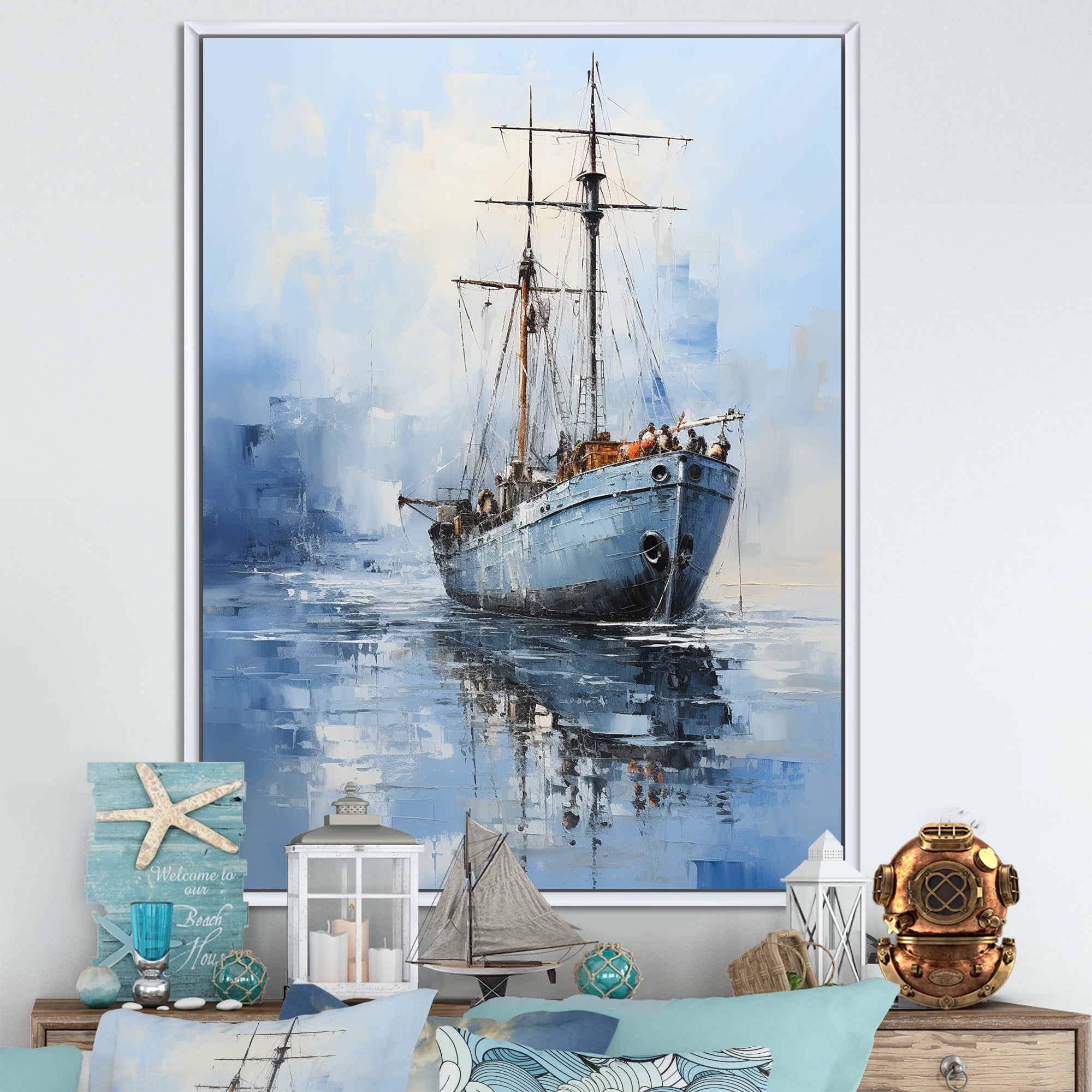 Designart "Tranquil White and Blue Horizon Boat II" Coastal Framed Wall ...