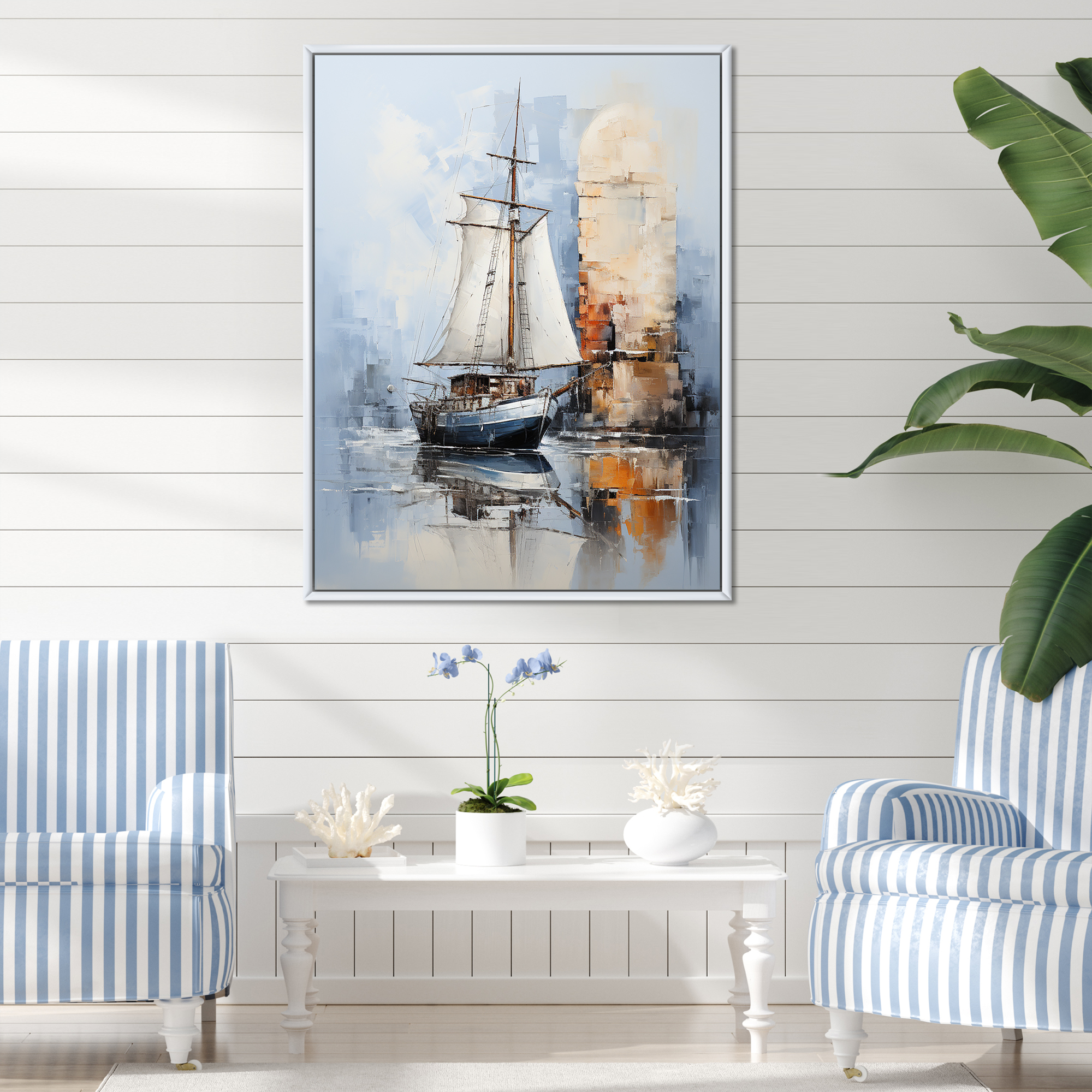 Designart "Tranquil White and Blue Horizon Boat III" Coastal Framed ...
