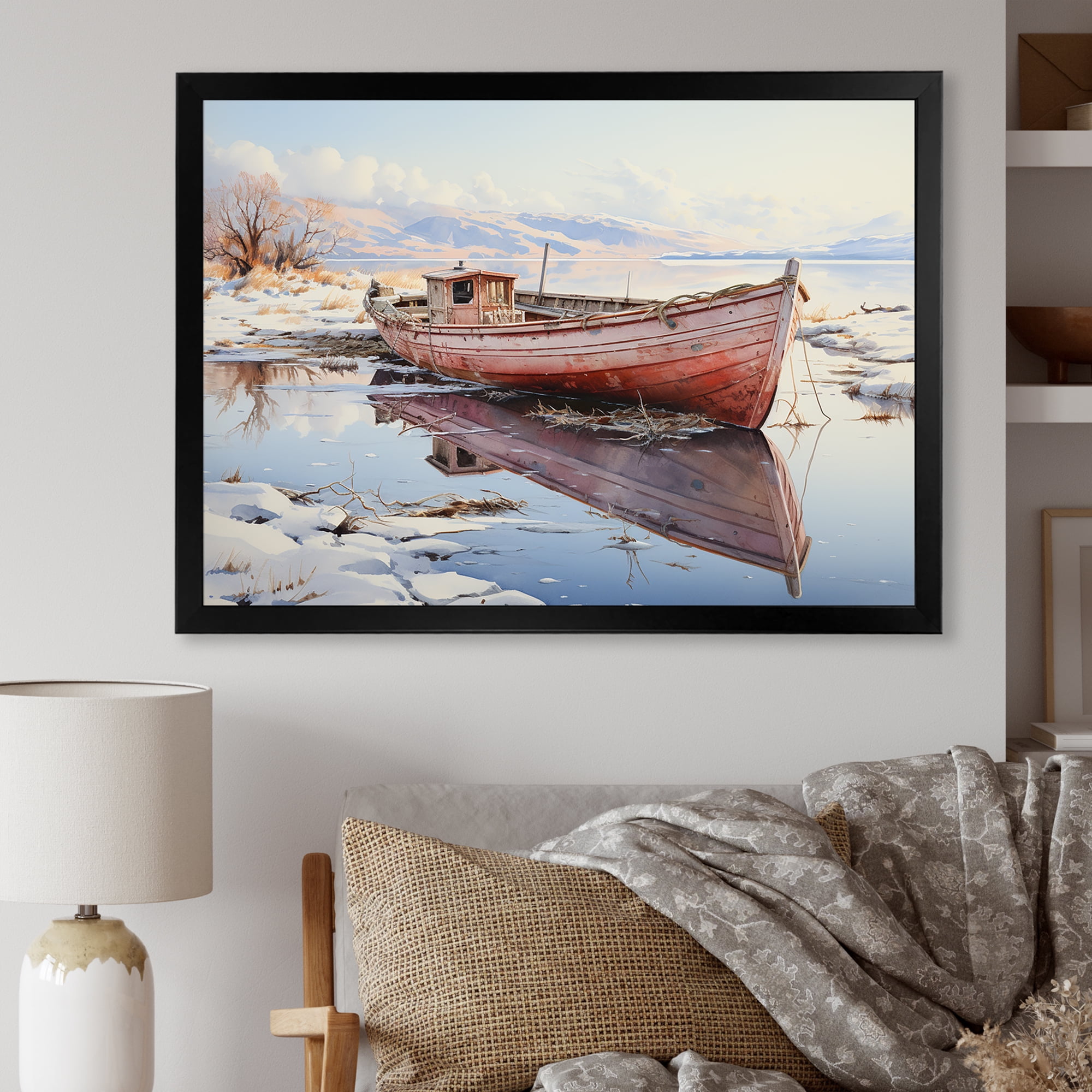 Designart "Tranquil Winter Waters Red and White Fishing Boat I ...