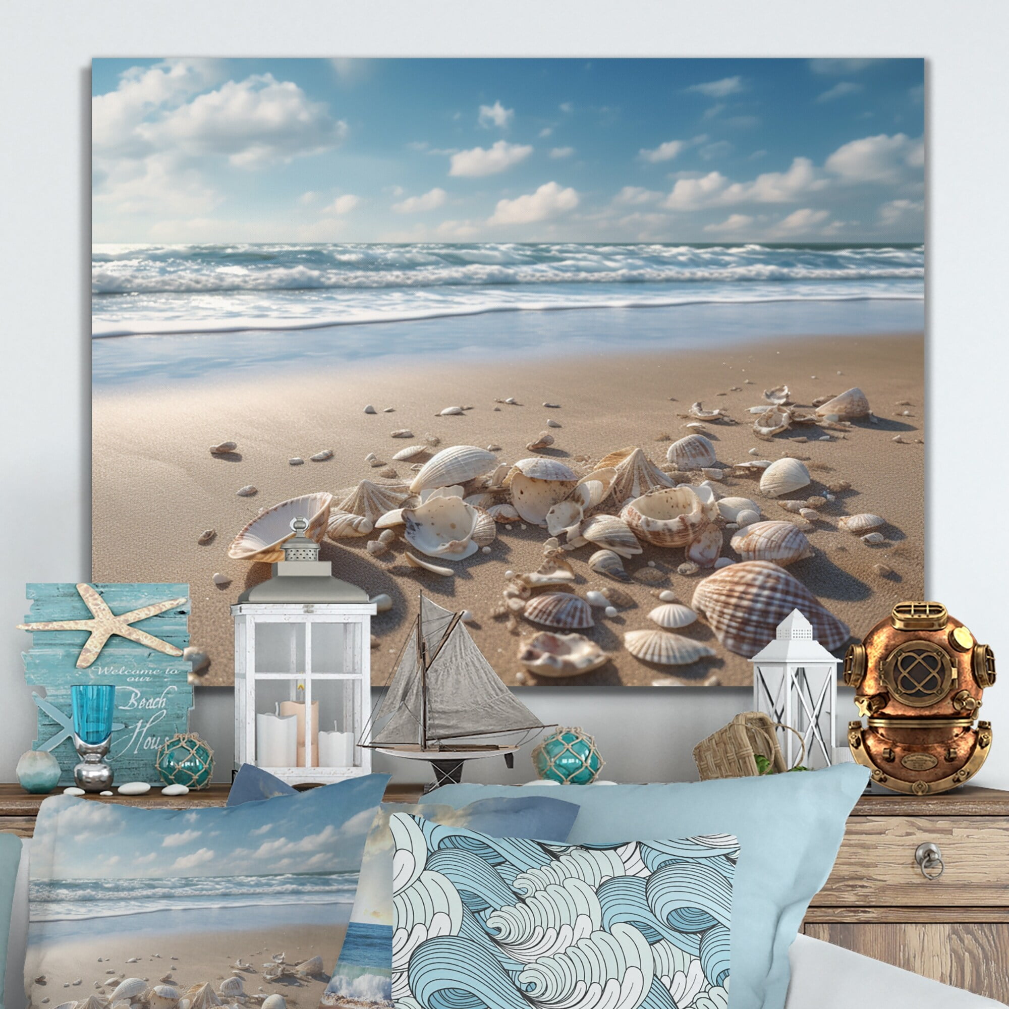 Designart "Treasures of Seashells by the Seaside III" Modern Landscape ...