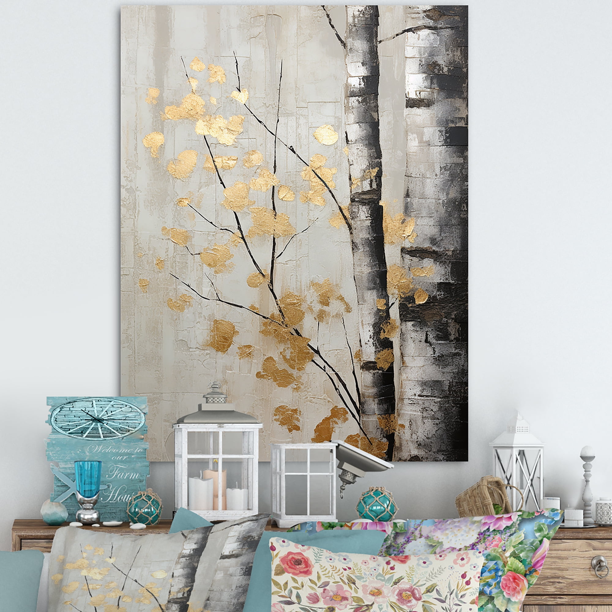 Designart "Tree Of Gray And Gold" Floral & Botanical Canvas Print ...