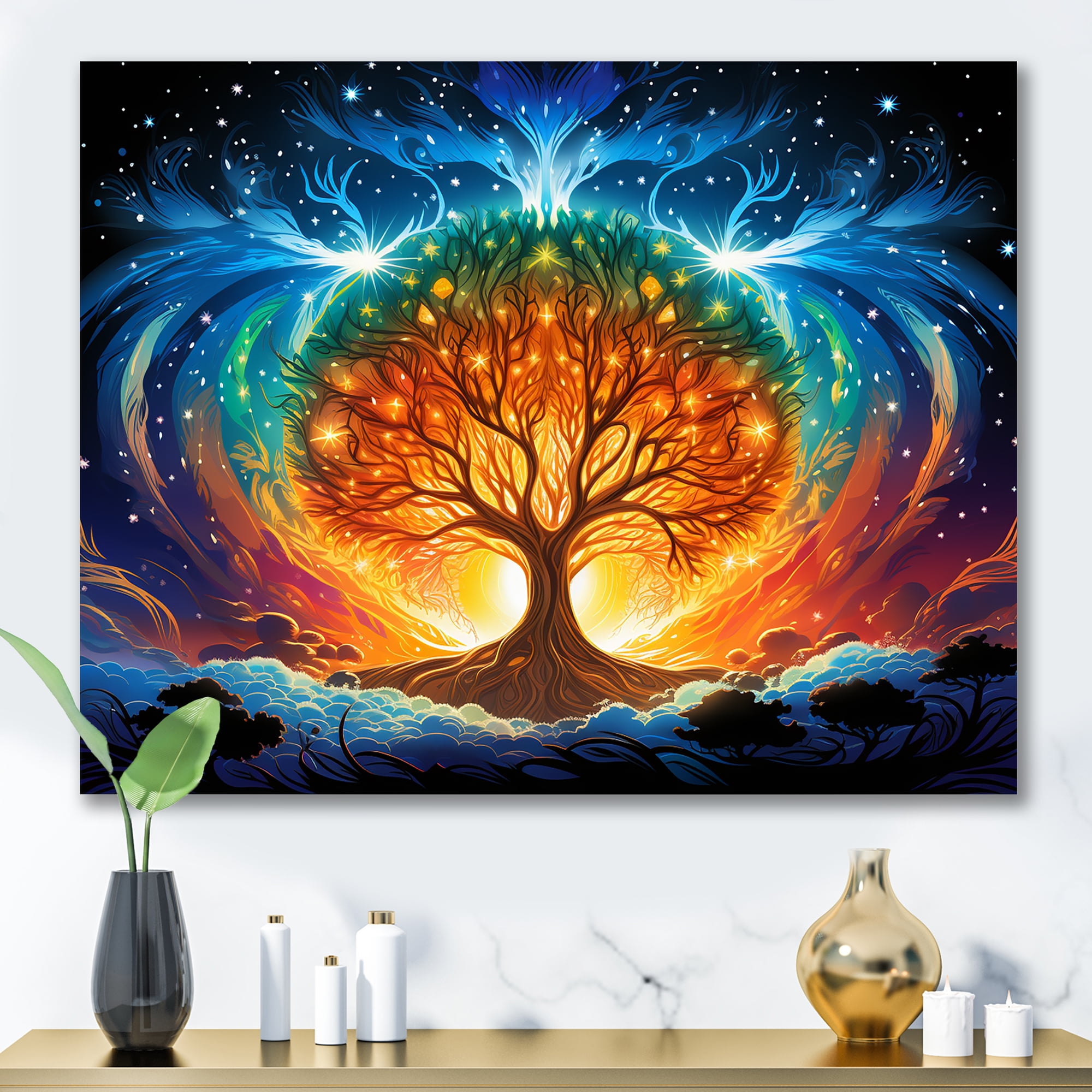 Designart "Tree of Life Blue and Orange Harmony" Extra Large Landscapes ...