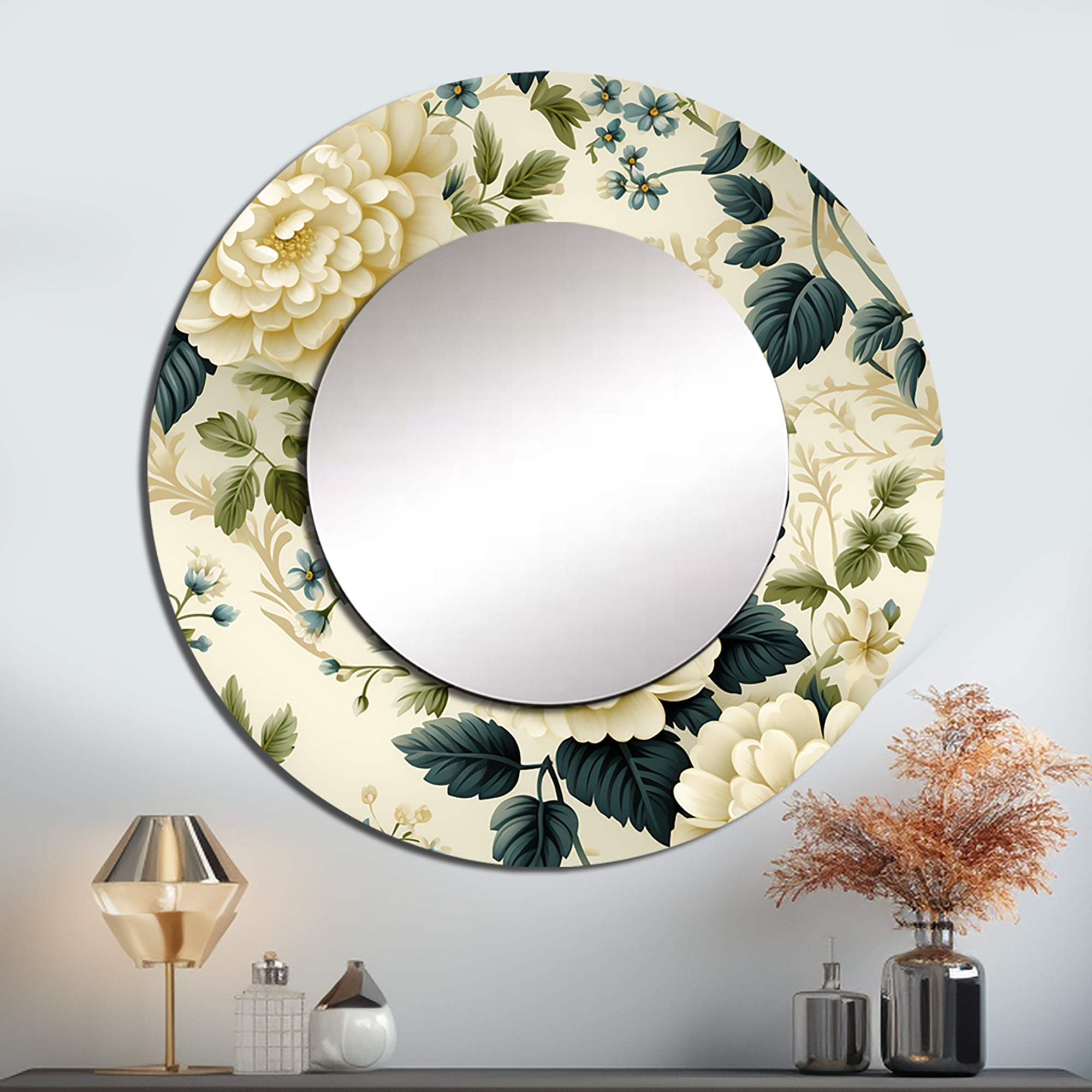 Designart "Trellis In Vintage Lace IV" Floral White Large Round Mirror ...