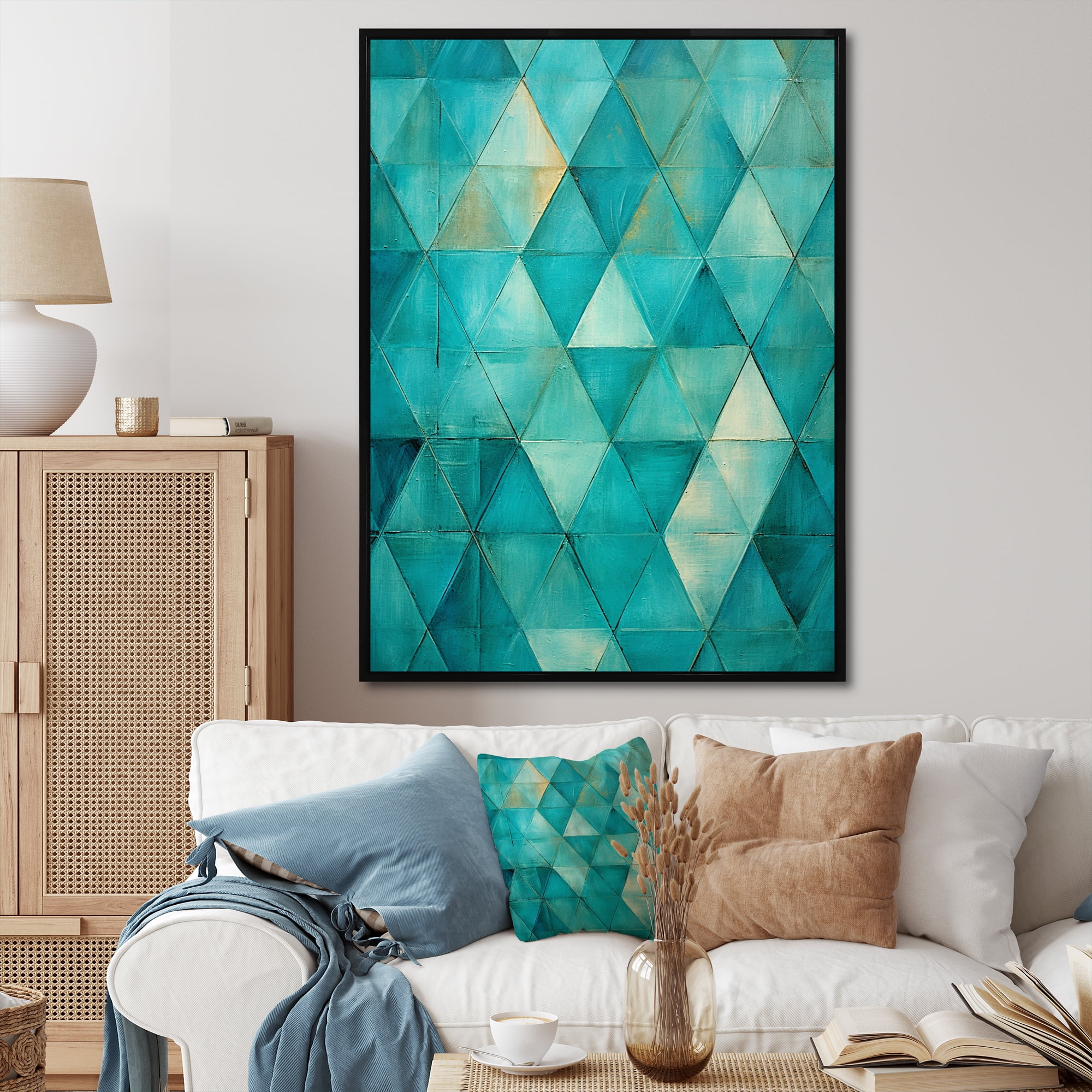 Designart "Triangles In Turquoise I" Abstract Shapes Floater Framed ...