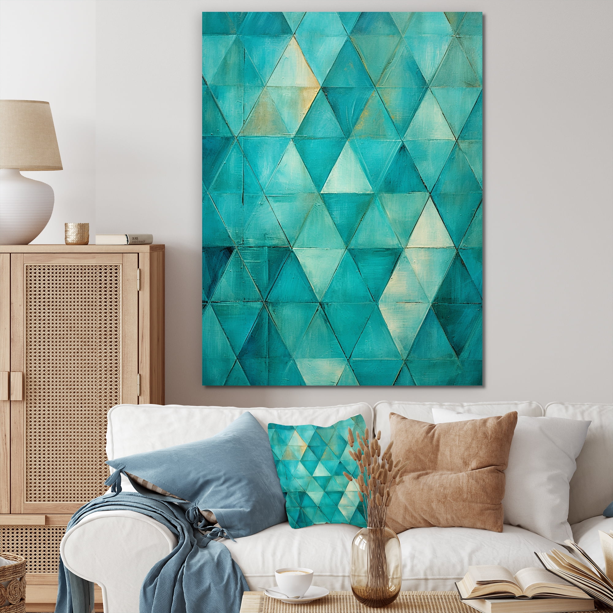 Designart "Triangles In Turquoise I" Abstract Shapes Wall Art Living ...