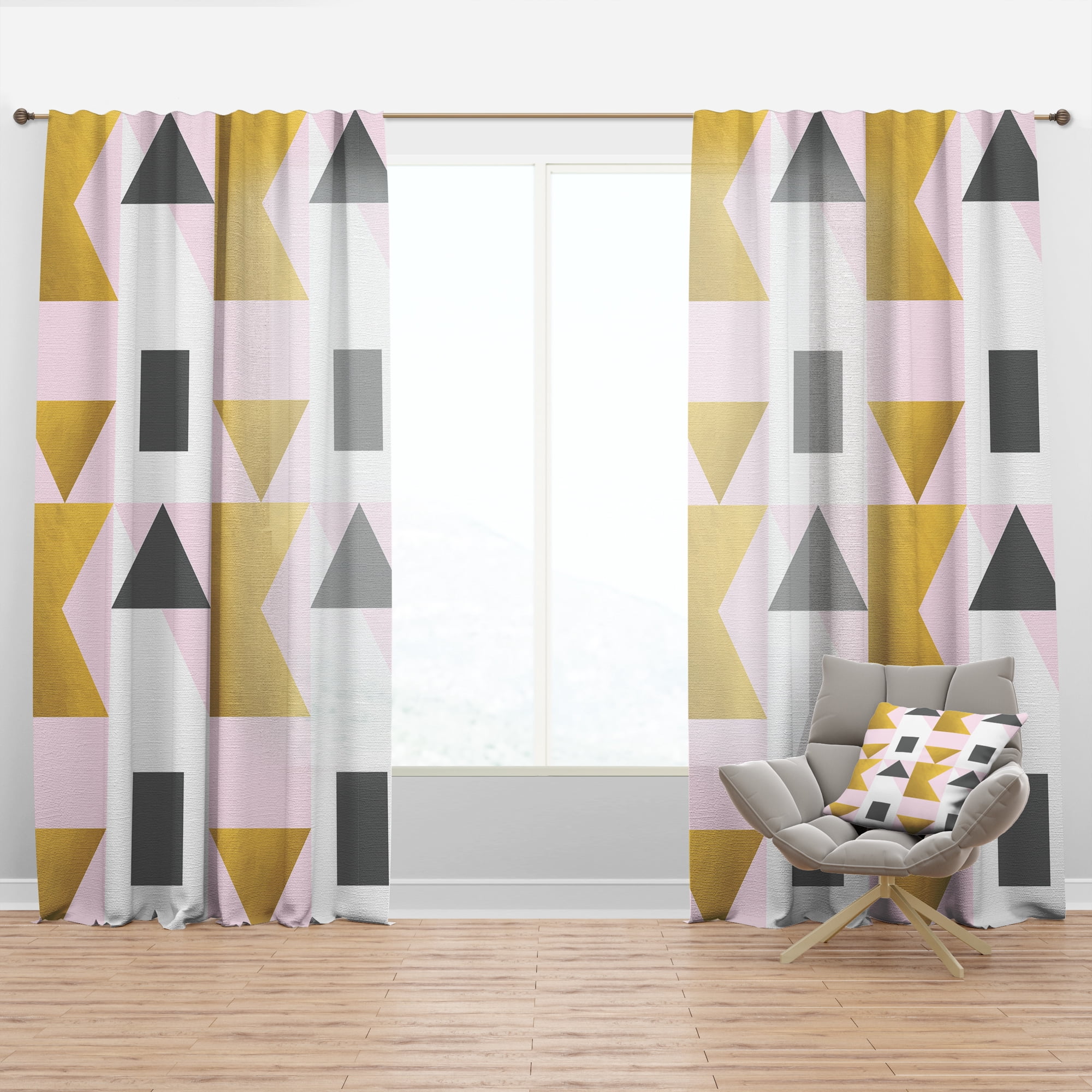 Designart 'Triangular Gold Design' Mid-Century Modern Curtain Panel ...
