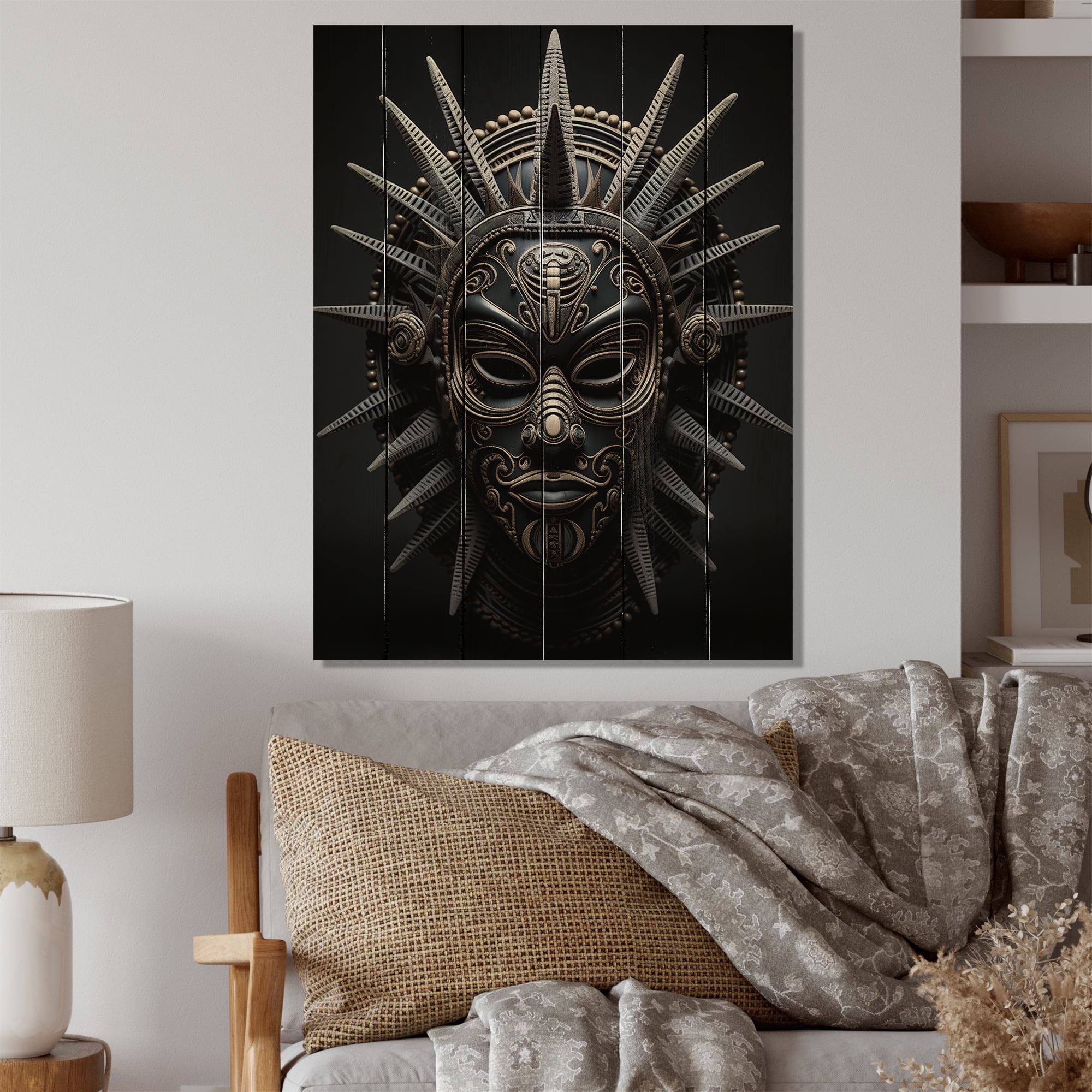 Designart "Tribal African Masks I" African Tribes Print on Natural Pine ...