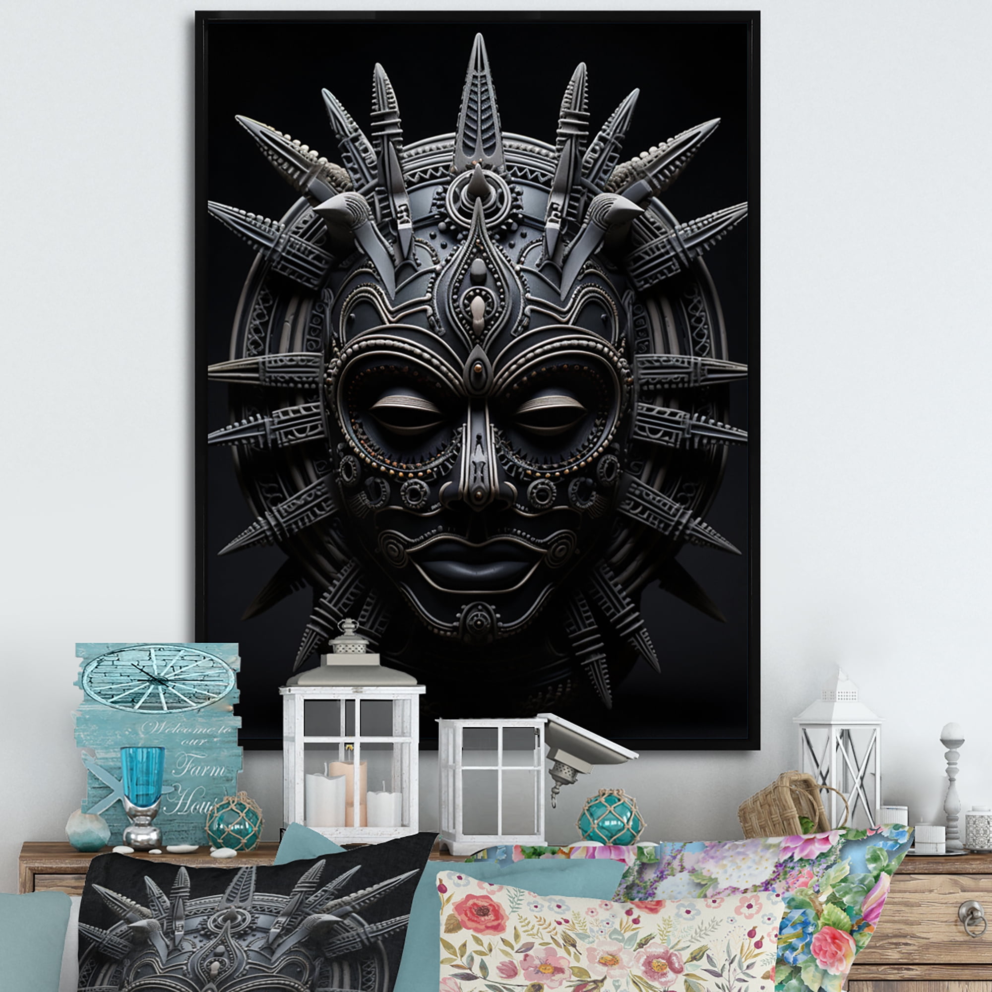 Designart "Tribal African Masks II" African Tribes Floater Framed Wall ...