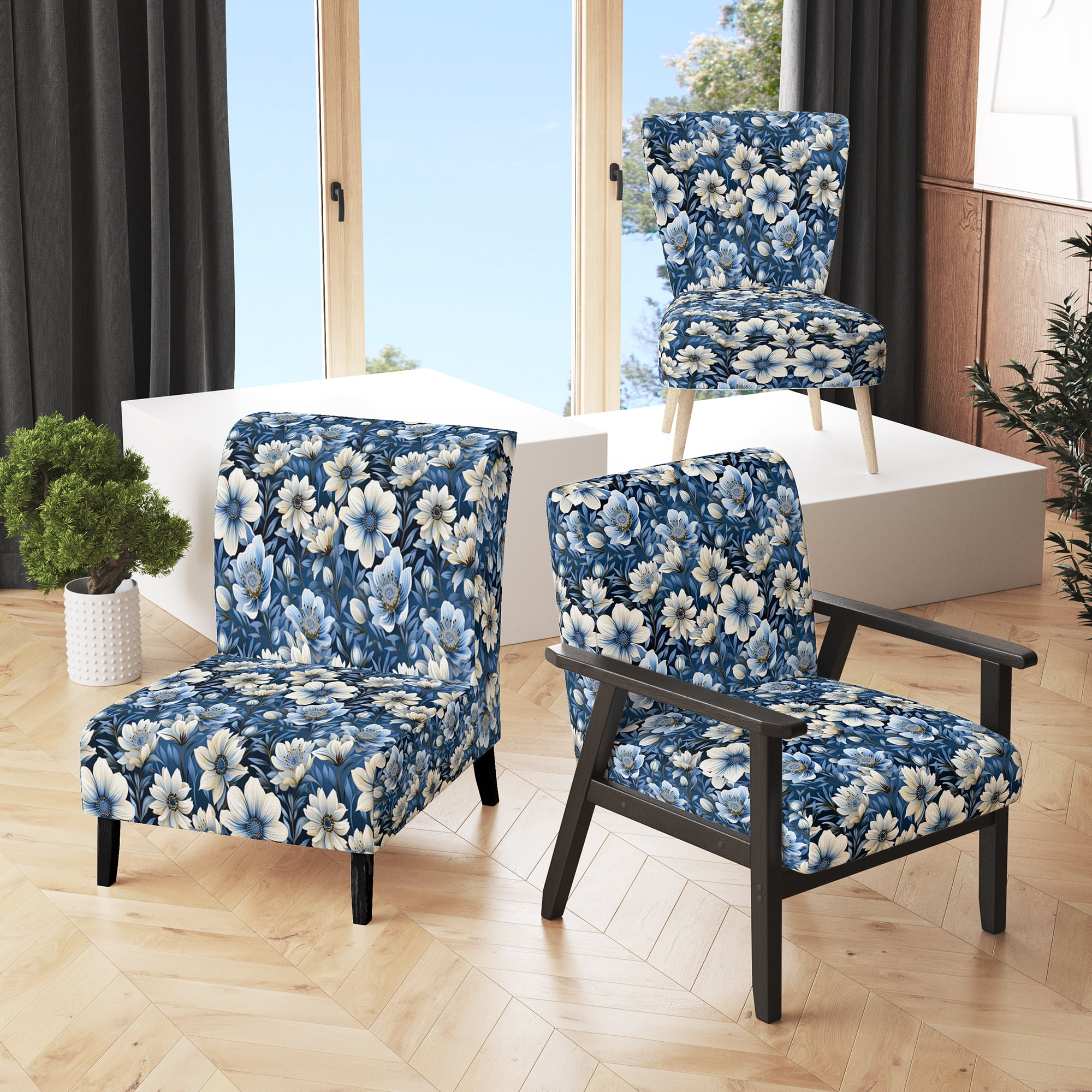 Designart "Tribal Blue Floral Majesty" Blue Floral Upholstered Accent ...