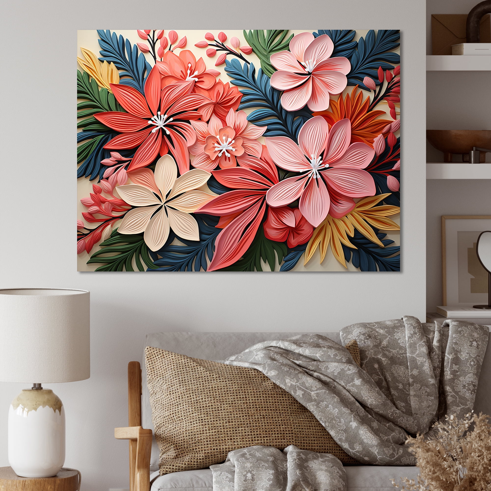 Designart "Tropical Jungle Pattern with Pink Floral IV" Oversized ...
