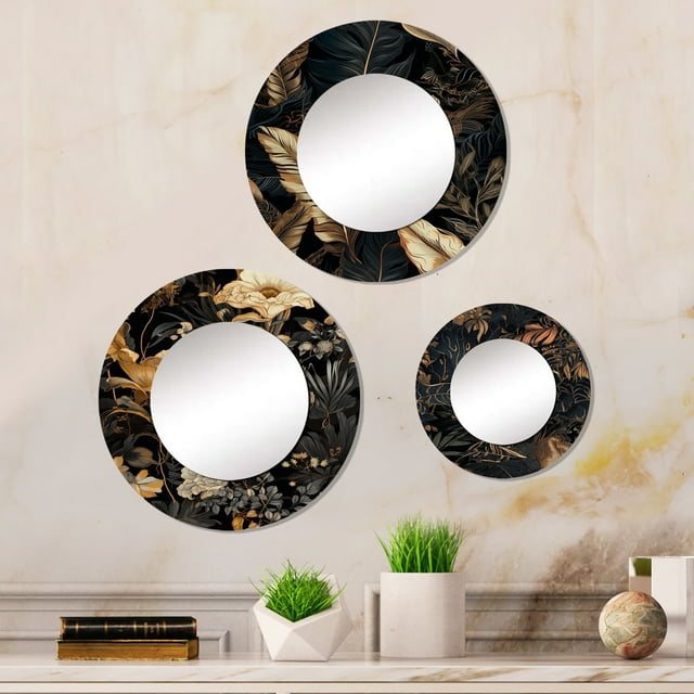 Designart "Tropical Leaf Serenade Gold III" Floral Leaves Round Mirror ...