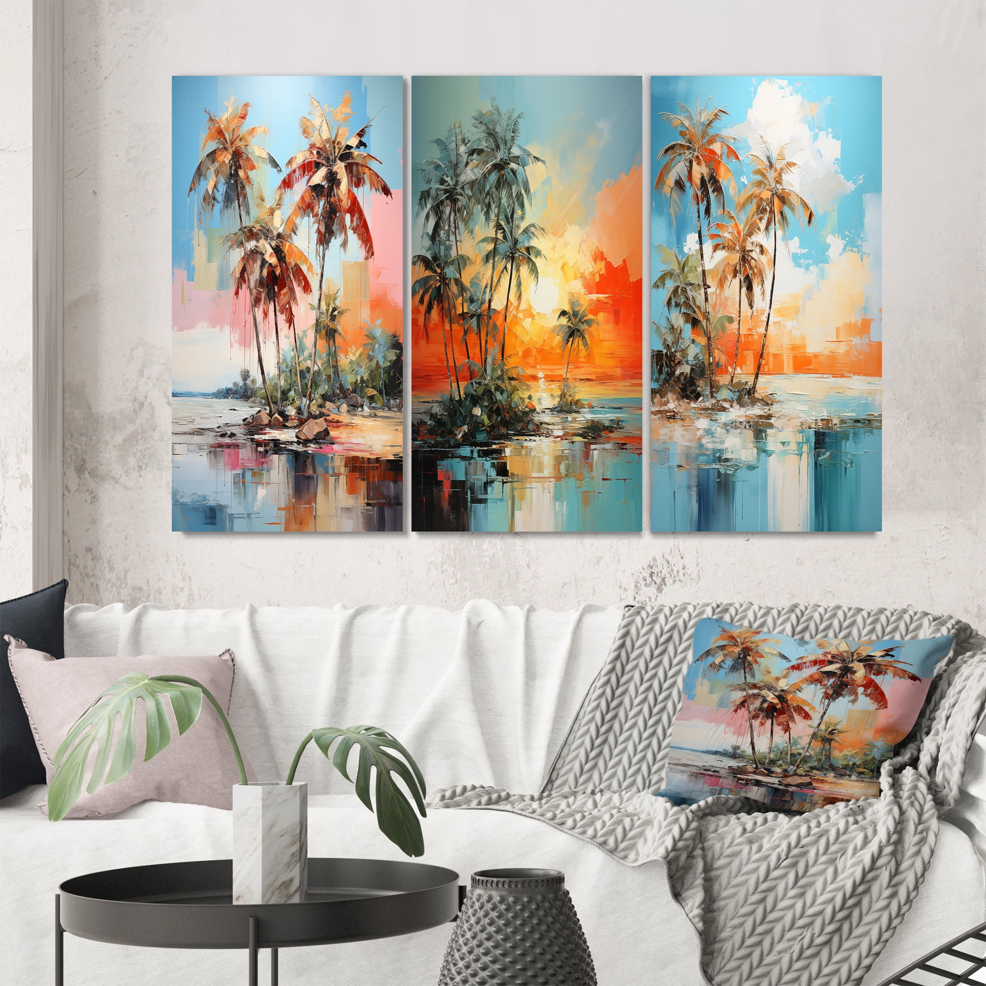 Designart "Tropical Minimalism Palm Trees wall art" Floral Wall Art Set ...