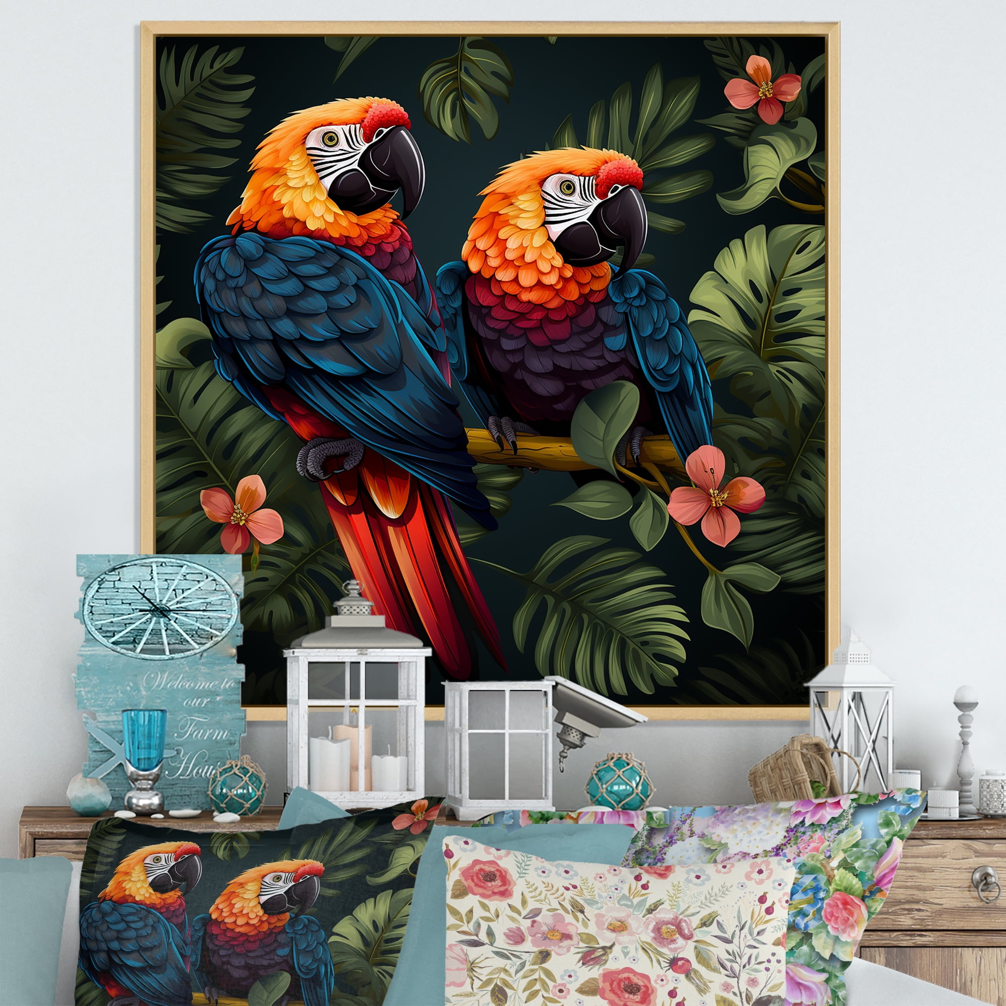 Designart "Tropical Parrots in Orange and Green" Animals Framed Wall ...